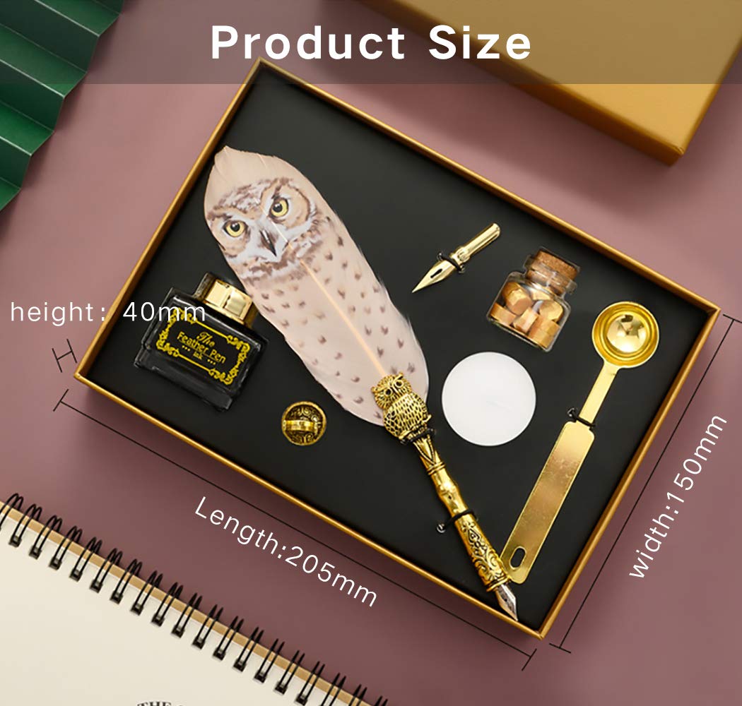 Owl Calligraphy Quill Pen Ink Set, Antique Feather Dip Pen Kit Writing Quill Storage Ink Dip Pen Gift Set Calligraphy dip Pen Ink Pens for Beginners, Student, Scholar (typle 2)