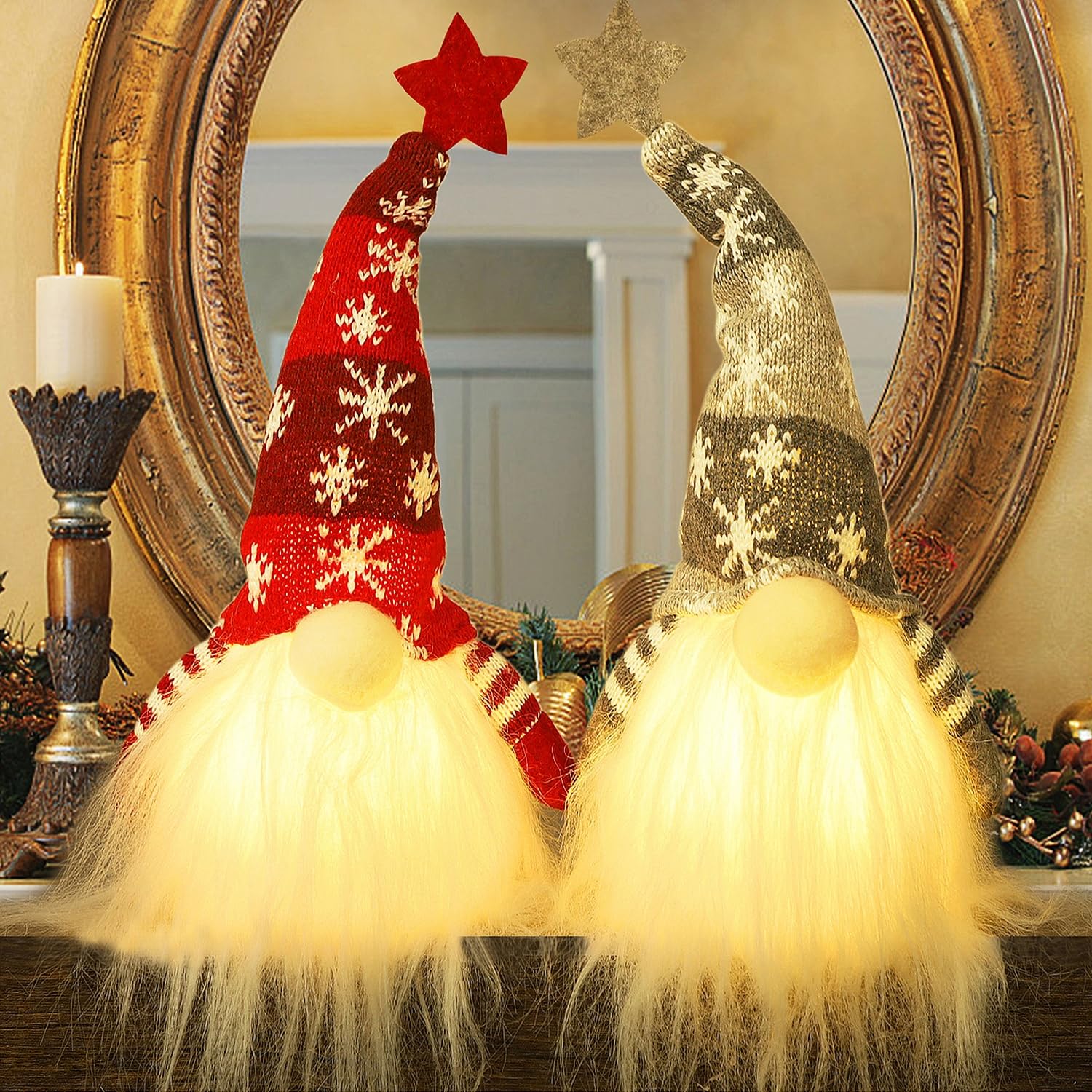 Juegoal 15" Lighted Christmas Gnome, Handmade Plush Scandinavian Swedish Tomte, Light Up Elf Toy Holiday Present, Battery Operated Winter Tabletop Christmas Decorations, 2 Set