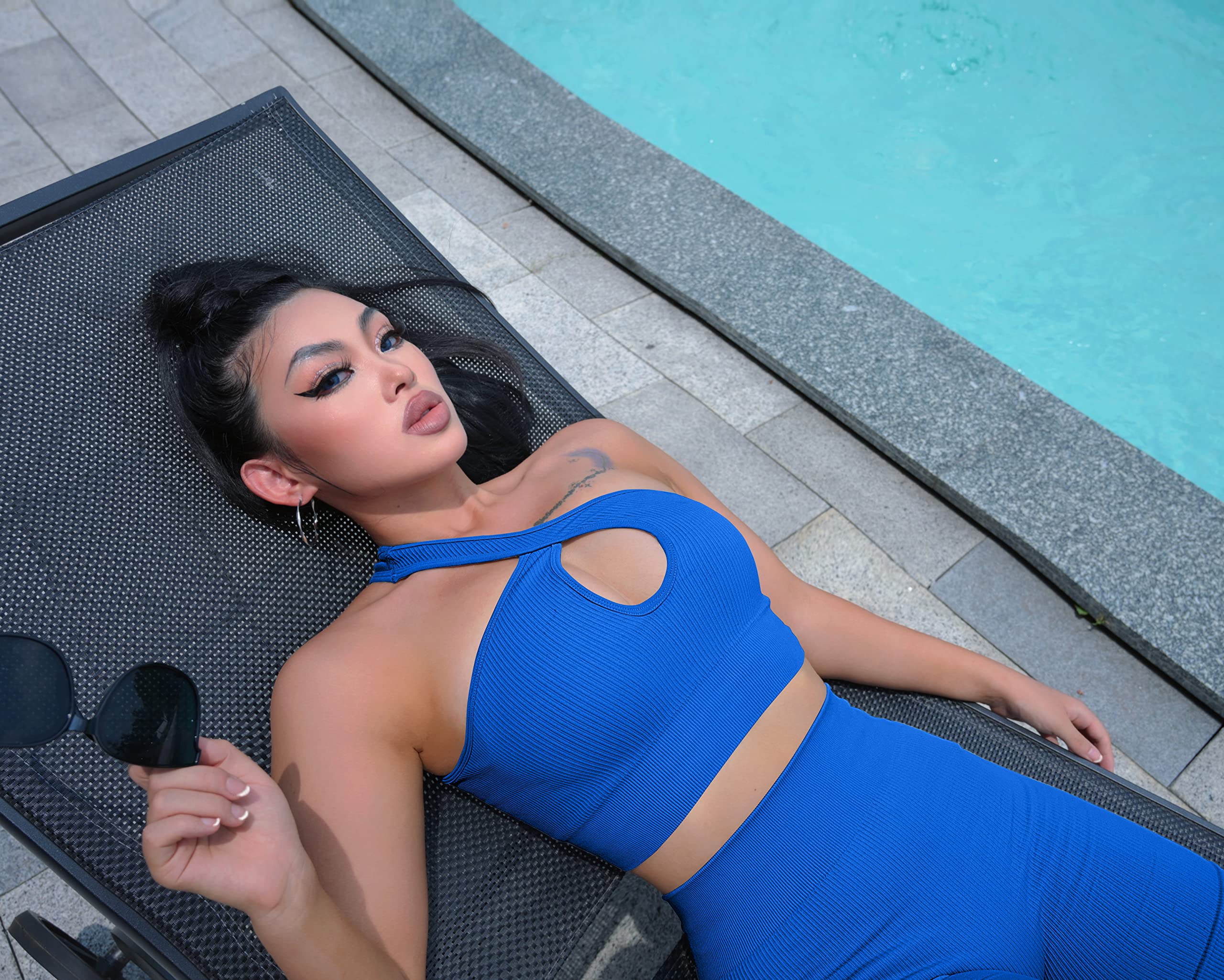OQQ Women's 2 Piece Workout Outfits Ribbed Seamless High Waist Leggings with One Shoulder Crop Tops Exercise Set Blue