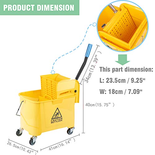 SAMGER S Commercial Mop Bucket with Down Press Wringer on Wheels 21 Quart 5 Gallon Portable Plastic Combo Mop Wringer Bucket with Metal Handle for Home and Commercial Floor Cleaning, Yellow