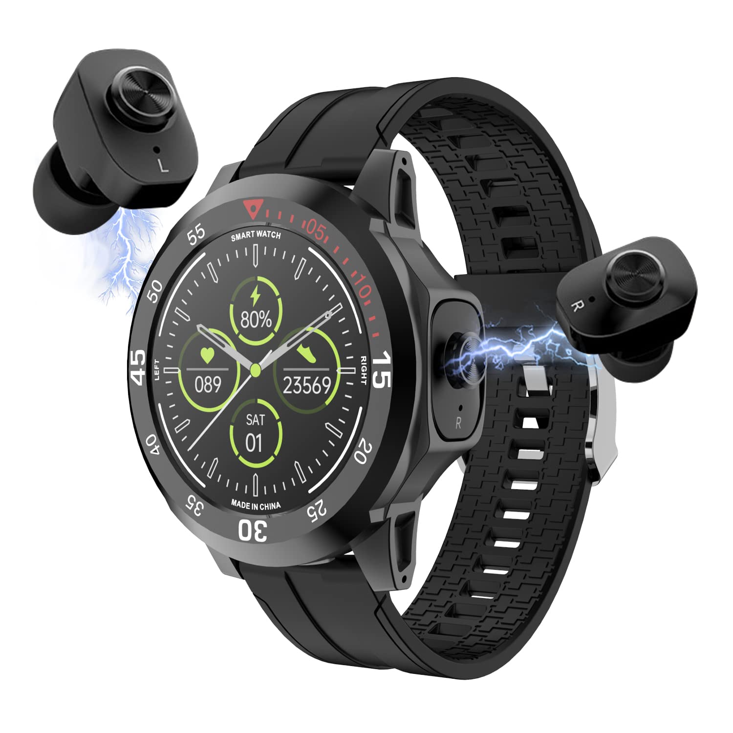 Smart Watch with Earbuds,2 in 1 Fitness Tracker with 64GB Memory 1.3 Inch Drinking Water Reminder Touch HD Screen for iPhone Samsung Android Phones