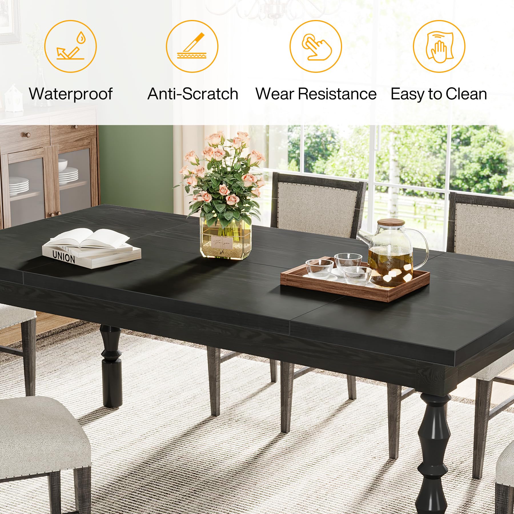 Tribesigns Wood Black Dining Table for 4-6 People, 62β Farmhouse Large Rectangle Kitchen Table, Modern Dinner Table Kitchen & Dining Room Furniture with Carved Turned Legs