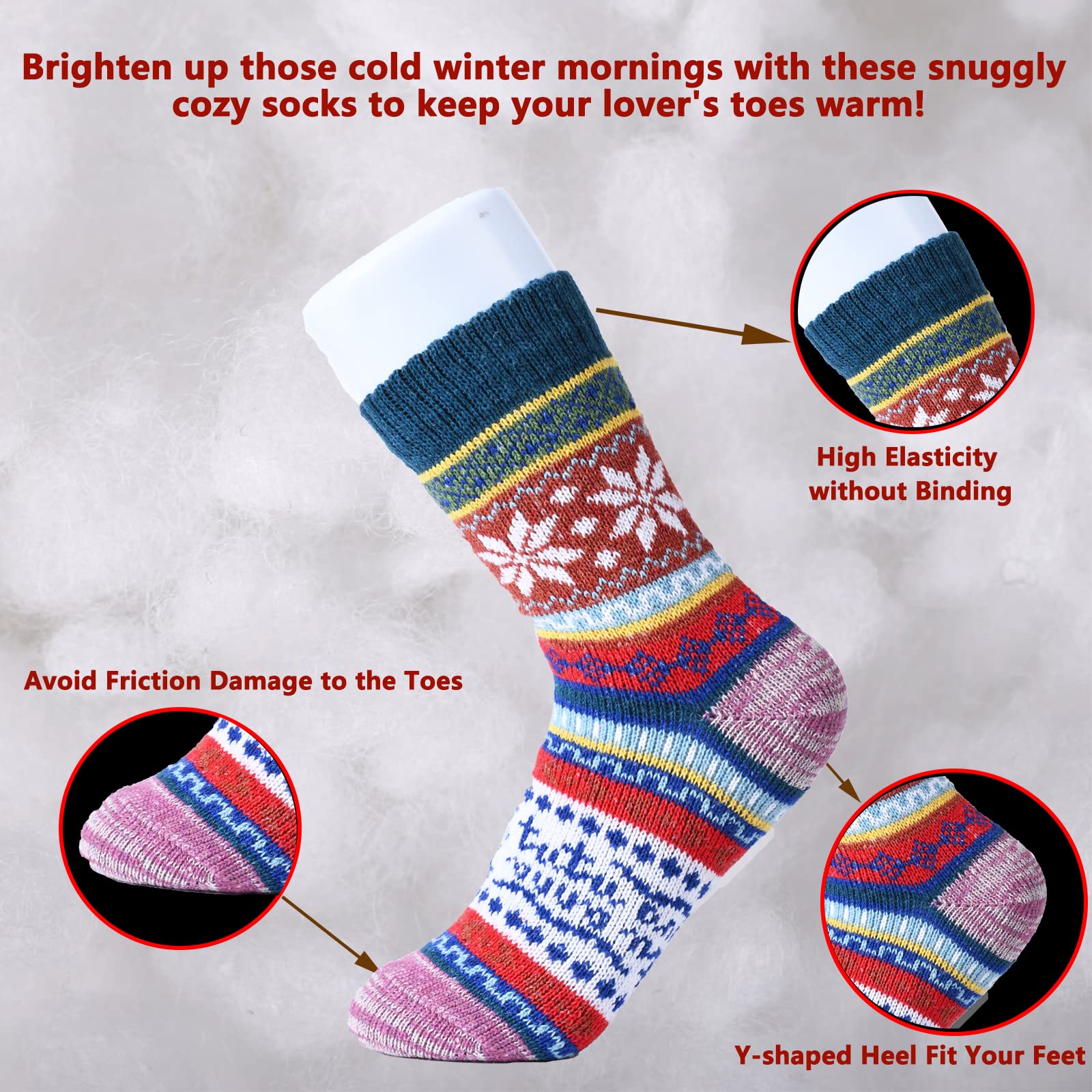 QIYISS 5 Pack Womens Wool Socks Winter - Soft Warm Cold Knit Wool Crew Socks Christmas Gift Socks for Women Vintage Casual Socks