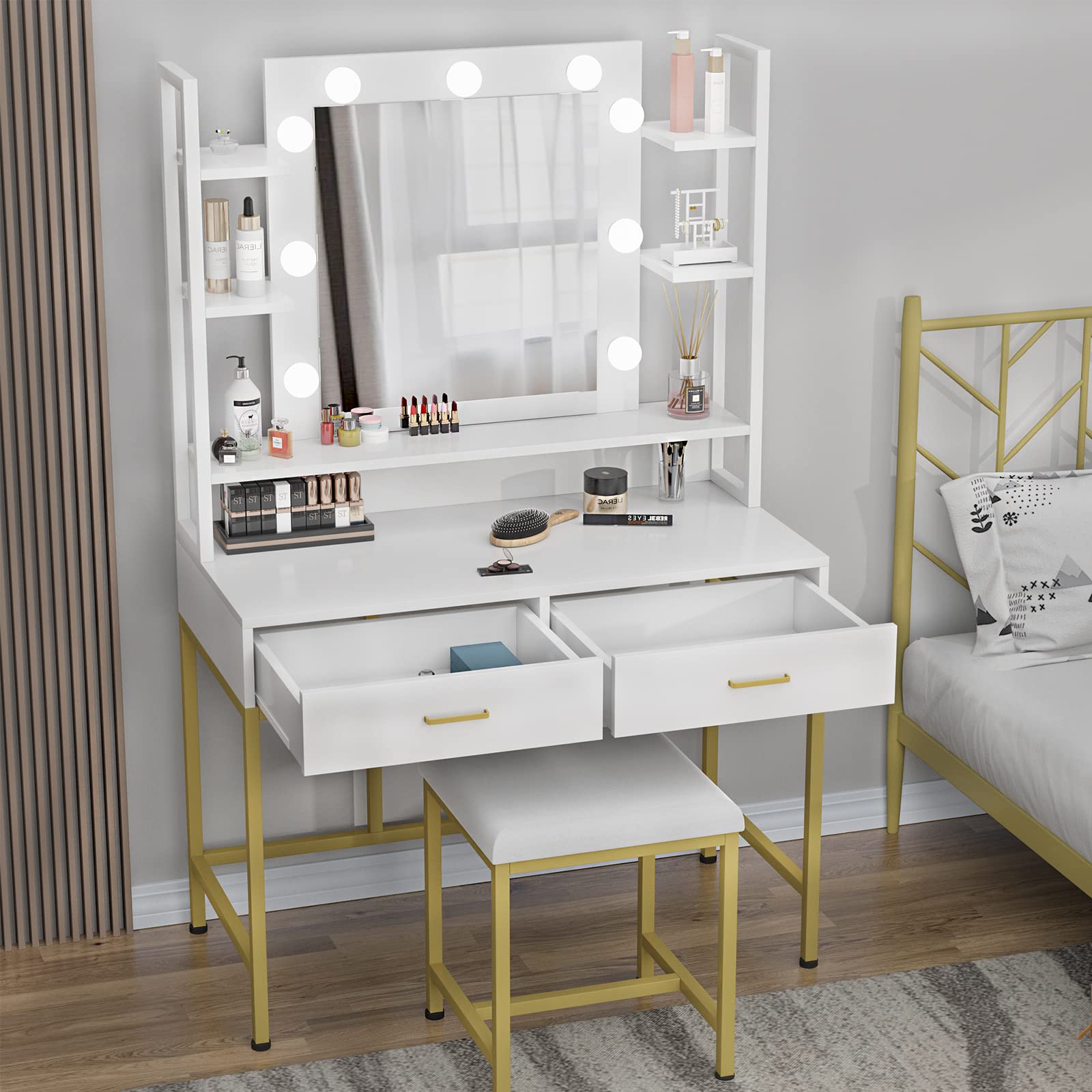 KCRET Vanity Set with Lighted Mirror, Makeup Vanity Dressing Table with LED Light & 2 Drawer, Storage Shelves and Cushioned Stool for Bedroom