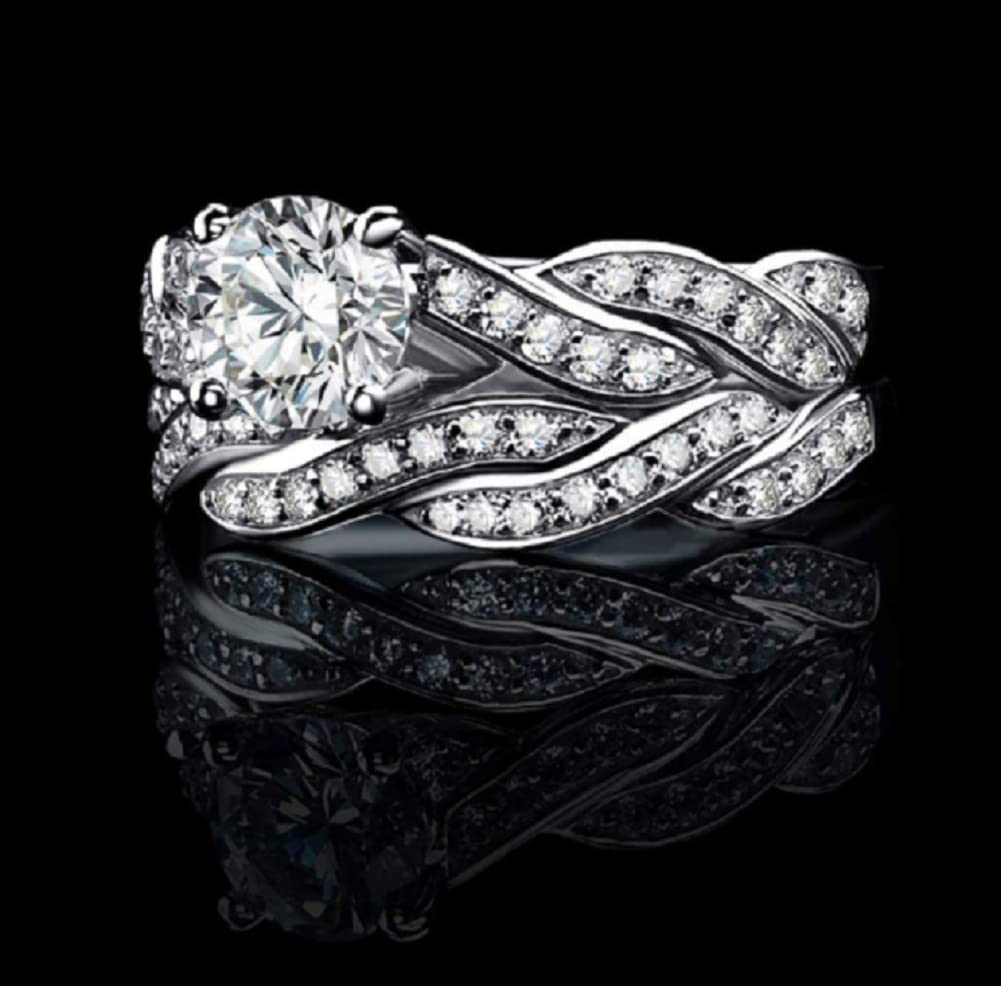 LRGKMCWTOB 2-in-1 Womens 925 Solid Sterling Silver Matching Bridal Set Wedding Engagement Rings Clear Round Cubic Zirconia Engagement Promise Bridal Silver Band Fashion Cute (US 7)
