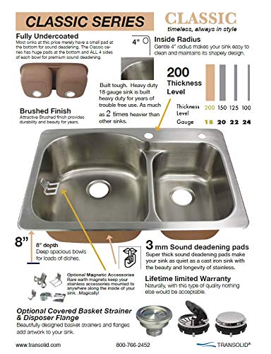 Transolid CTDD33229-2 Classic 2-Hole Drop-in 75/25 Double Bowl Kitchen Sink, 22 1/64" L X 33" W X 9" H, Brushed Stainless Steel
