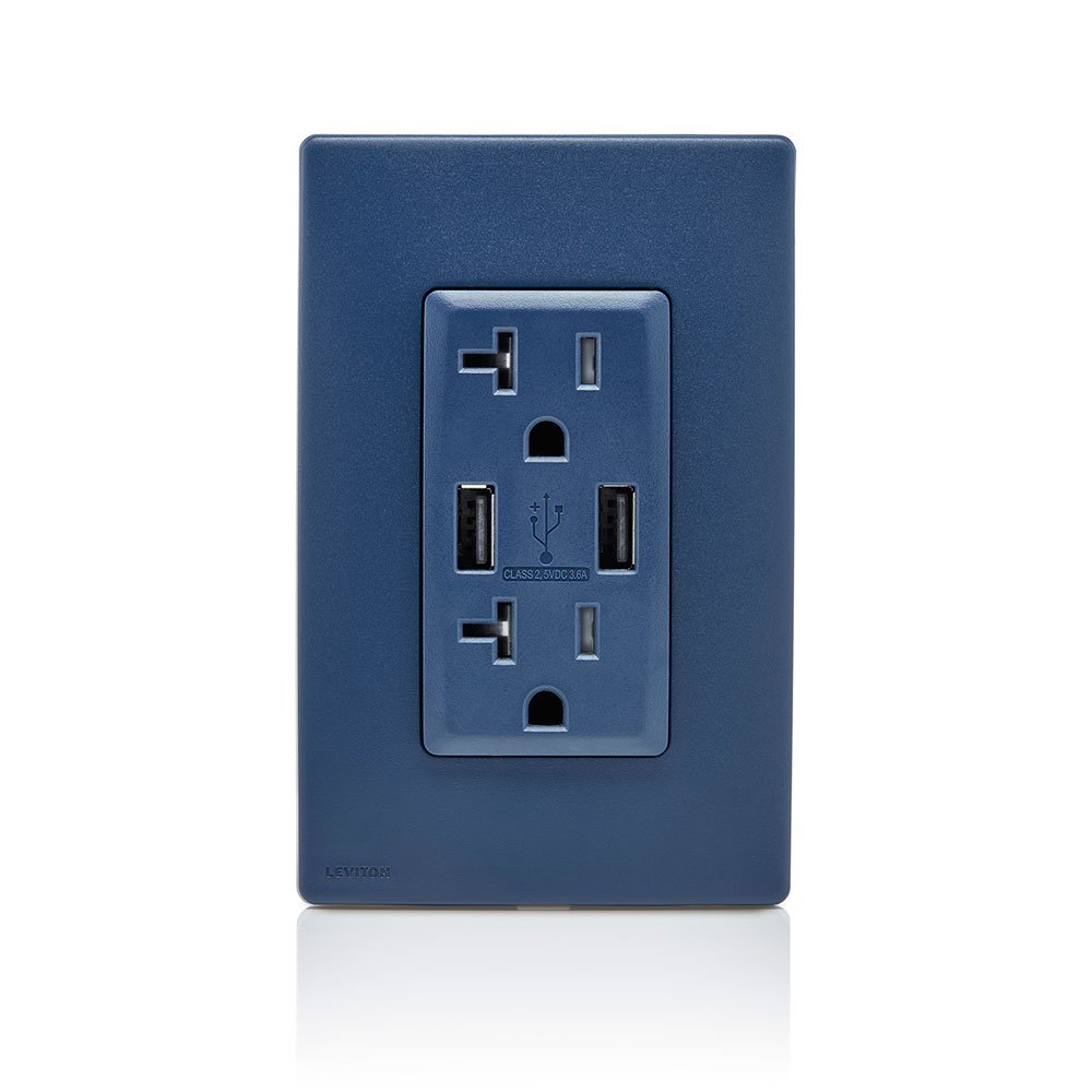 Leviton RUAA2-RN Renu USB Charger/Tamper-Resistant Duplex Outlet, 20A-125VAC, Rich Navy