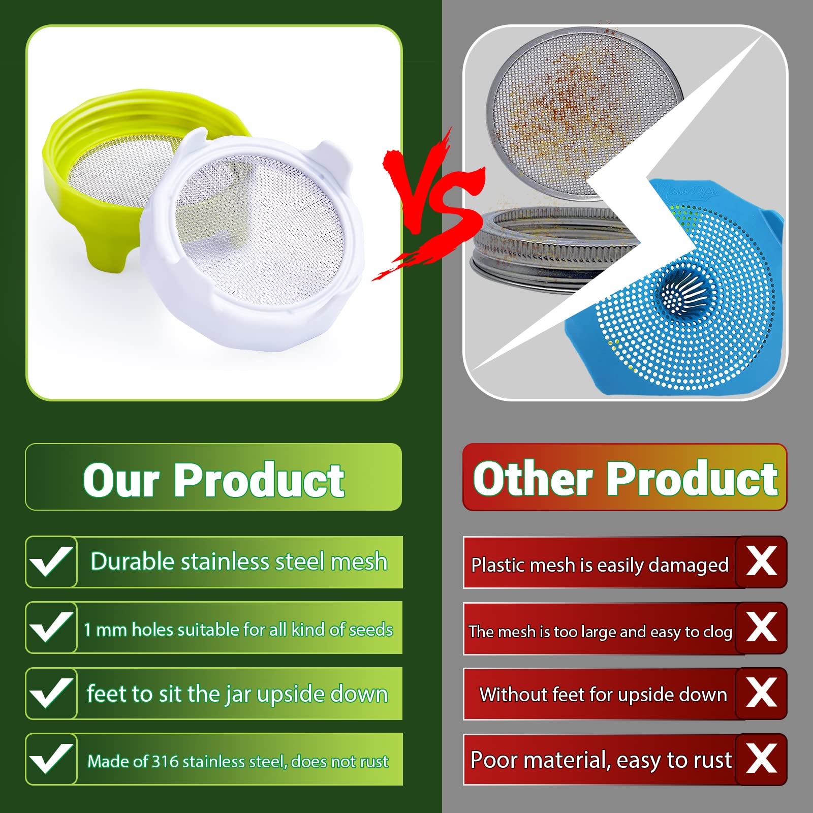 Sprouting Lids, Plastic Sprout Lid with Stainless Steel Screen for Wide Mouth Mason Jars, Germination Kit Sprouter Sprout Maker with Stand Water Tray Grow Bean Sprouts, Broccoli Seeds, Alfalfa, Salad
