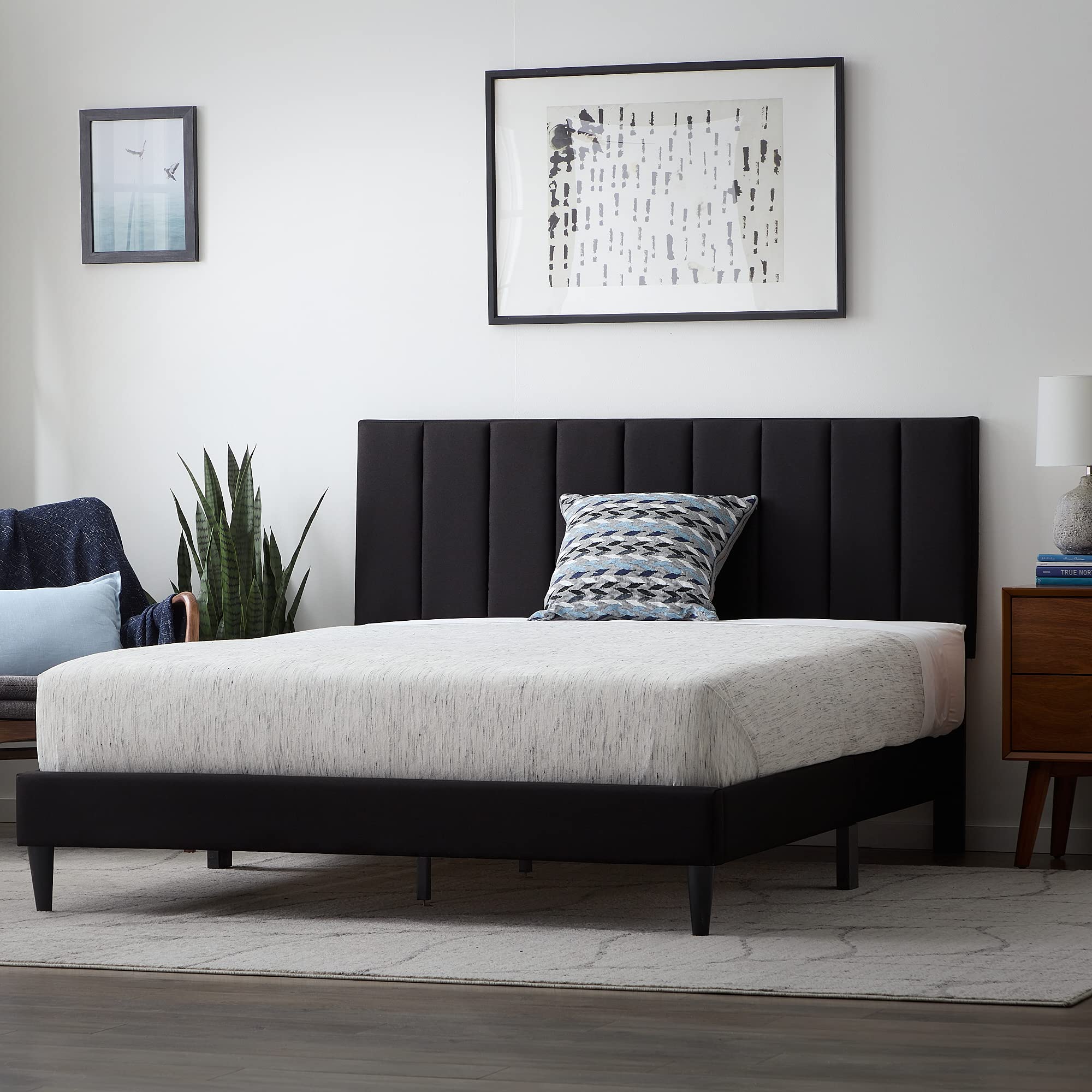 Lucid Twin XL Bedframe with Vertical Channeled Headboard — Upholstered Platform Bed — Easy Assembly — Twin XL Size — No Box Spring Needed — Black Color