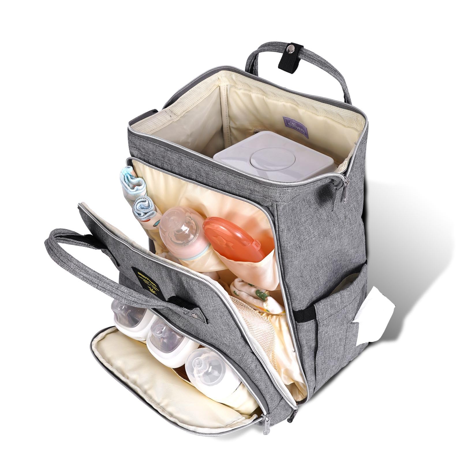 SUNVENO Baby Diaper Bag Backpack, Large Capacity Travel Backpack with Portable Changing Pad for Moms Dads, Grey