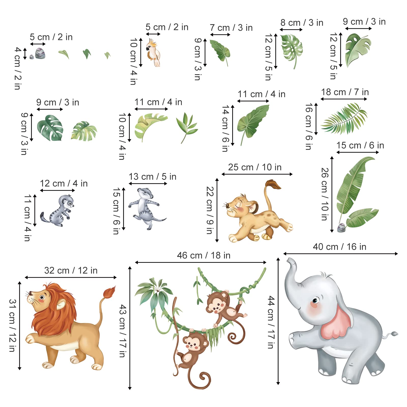 wondever Jungle Animals Wall Stickers Elephant Lion Monkey Safari Animal Peel and Stick Wall Art Decals for Kids Bedroom Baby Nursery
