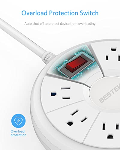 Travel Power Strip, BESTEK 6Ft Extension Cord with 4 USB Ports and 6-Outlet (13A 125V), Surge Protector Power Strip for Dorm Room, Bedside, Cruise Ship, 220J, White