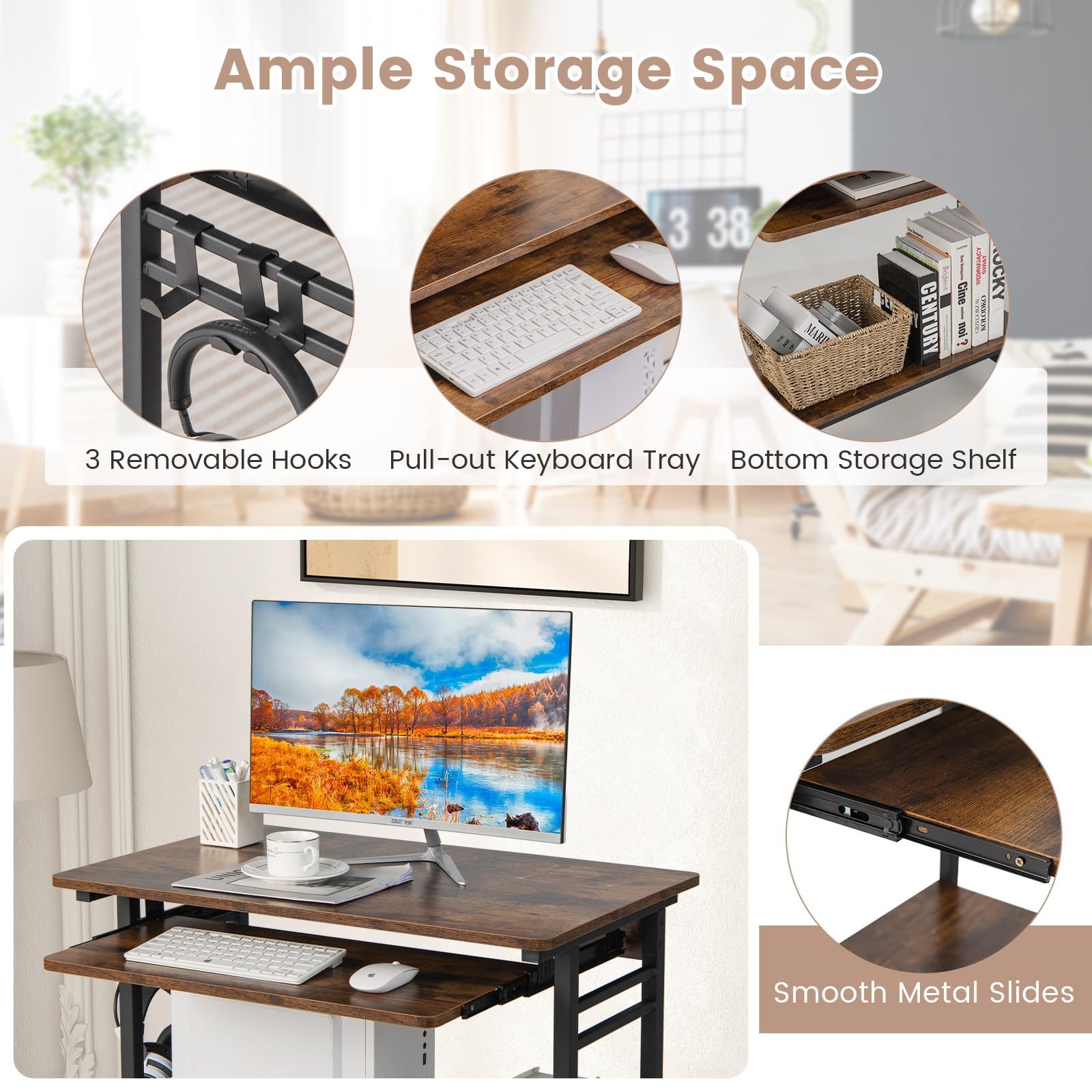 Julimoon Rolling Computer Desk, Mobile Desk with Keyboard Tray & Mouse Tray, Portable Laptop Cart with Shelf & Hooks, Small Desk for Small Spaces, Study Table for Bedroom, Apartment, Home Office Desk