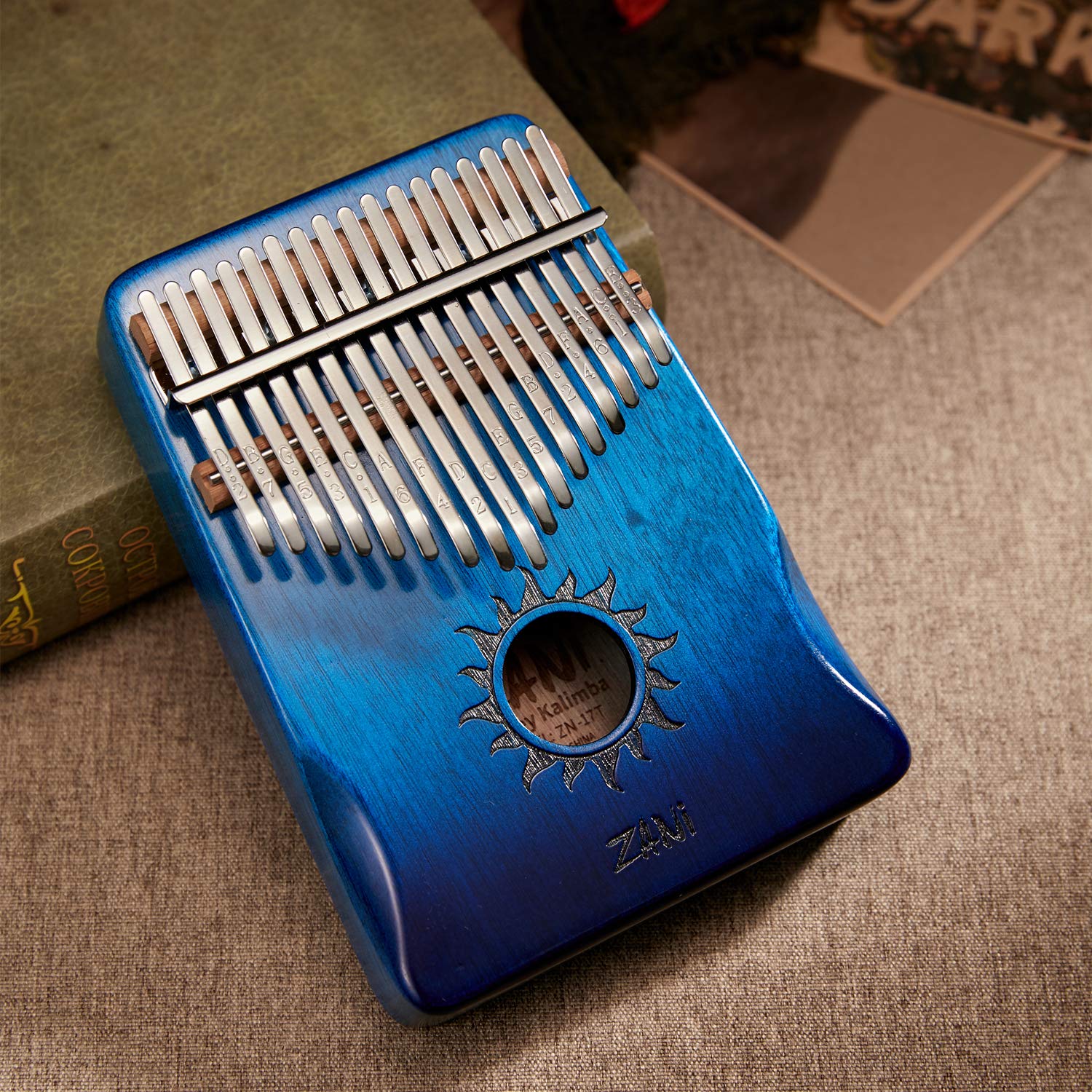 LvPets Kalimba 17 Key Thumb Piano Mahogany Helios Pattern Finger Piano Handhold Mbira Portable Premium Musical Instrument Gift for Kids Amateur and Beginner (Gradient Blue)
