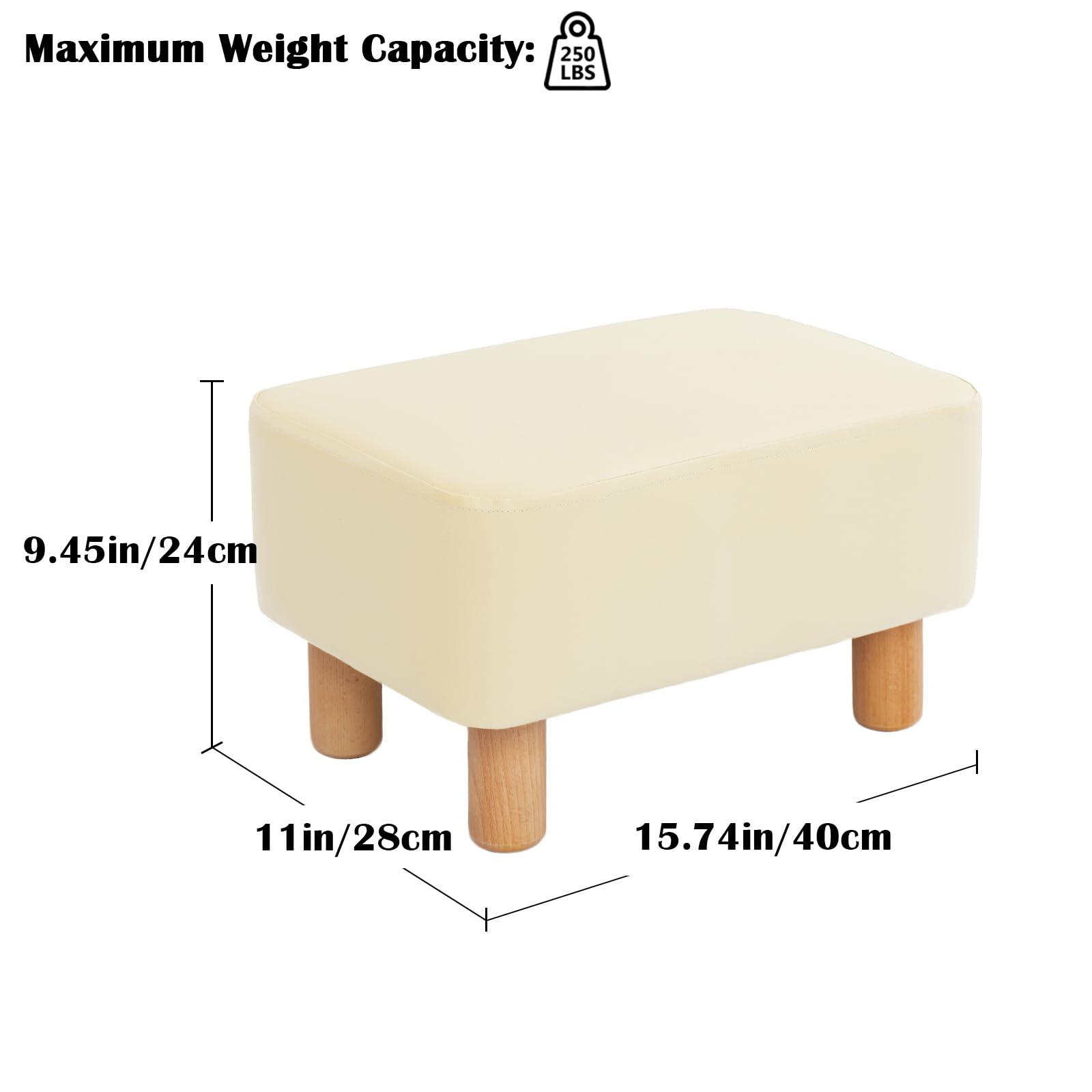 Leesingdo Rectangular Small Ottoman with Solid Beech Wood Legs, 16" PU Ottoman Footstool, Shoe Changing Stool, Foot Rest Ottoman with Non-Slip Feet and Soft Padding for Living Room, Bedroom, White