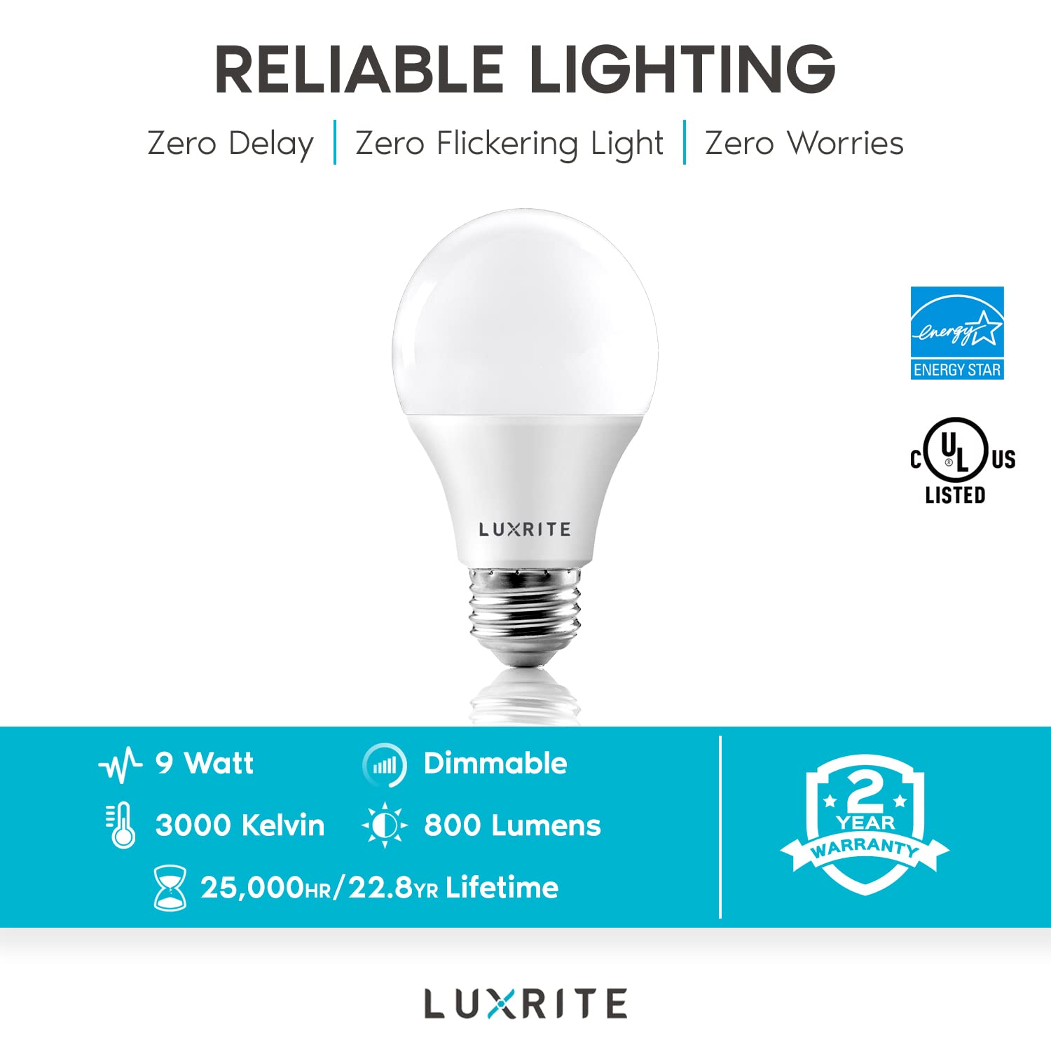 LUXRITE A19 LED Bulb 60W Equivalent, 3000K Soft White, 800 Lumens, Dimmable Standard LED Light Bulbs 9W, Enclosed Fixture Rated, Energy Star, E26 Medium Base - Indoor and Outdoor (24-Pack)