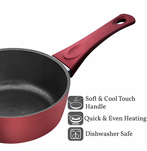 Saflon Titanium Nonstick 3-Quart Sauce Pan with Tempered Glass Lid, 4mm Forged Aluminum with PFOA Free Coating from England (Red)