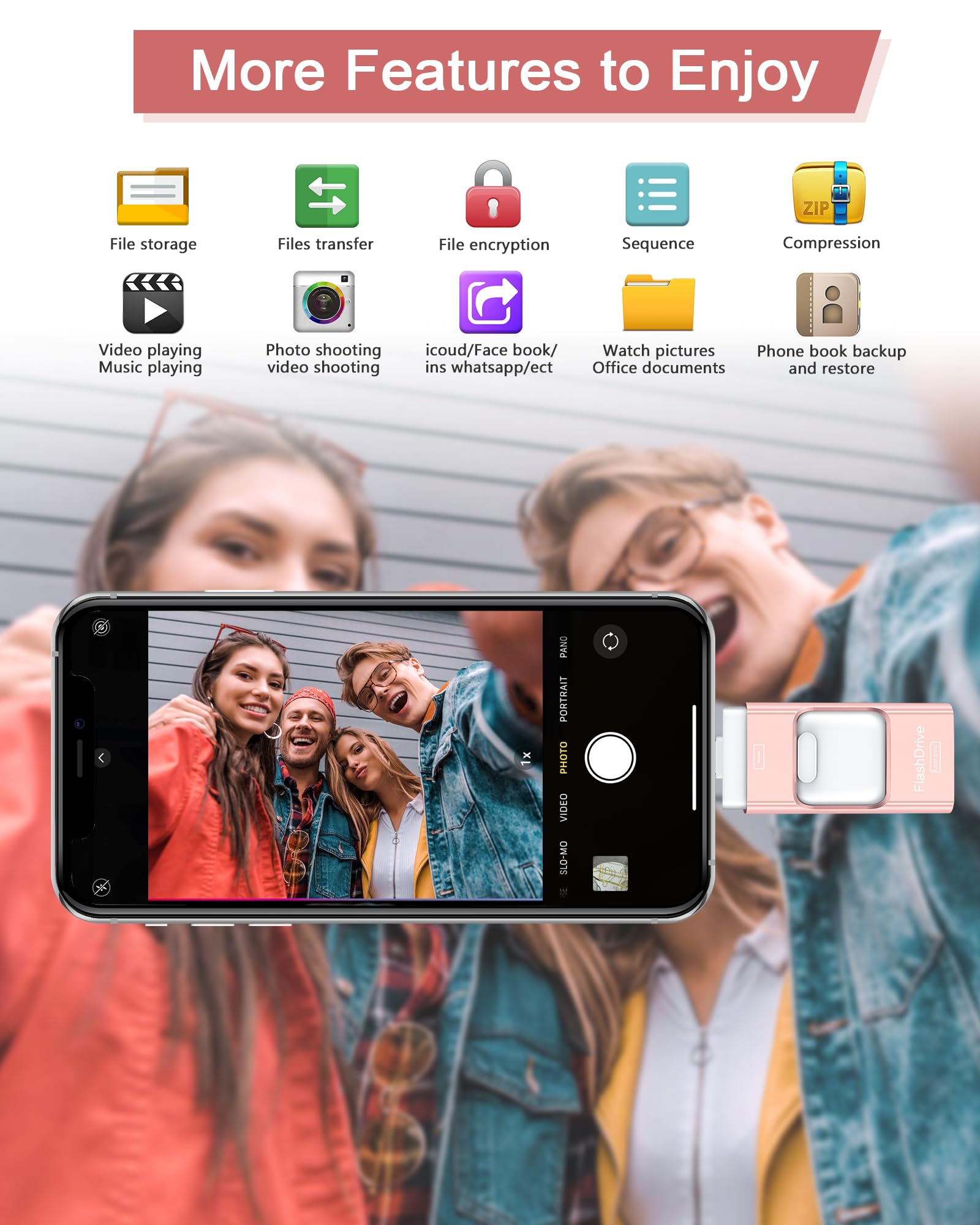 Sunany USB Flash Drive 256GB, Photo Stick Memory External Data Storage Thumb Drive Compatible for Phone, Pad, Android, PC and More Devices (Pink)