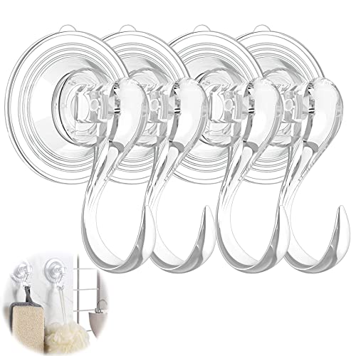 Theshai 4 Pack Suction Cup Heavy-Duty Hook, Large Clear Reusable Wreath Vacuum Hook, for Glass Windows Windshield Tile Kitchen Bathroom Mirror Shower Wall Terrarium to Hang Bags Coats Umbrellas