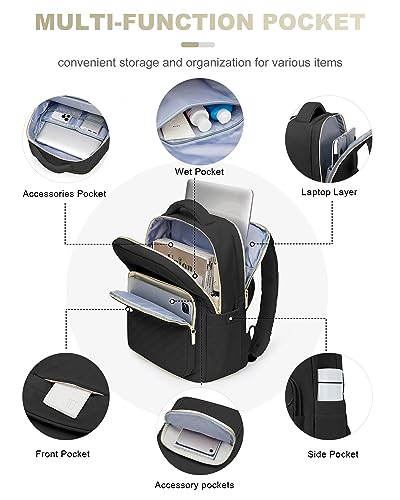 livbote Light Flight Travel Laptop Backpack Women, Mochilas para Mujer, Nurse Quilted Backpack, Water-repellent Small Backpack with USB Charging Port, Black