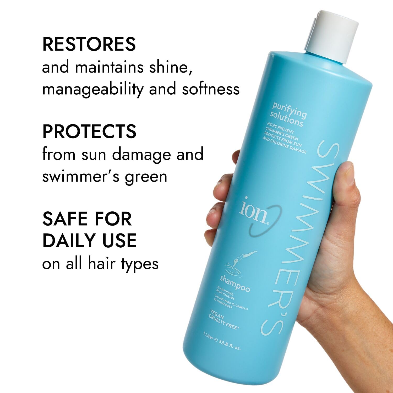 ion Purifying Solutions Swimmer’s Shampoo, Protects Against Sun Damage and Swimmer’s Green, Great for All Hair Types, 33.8 oz.