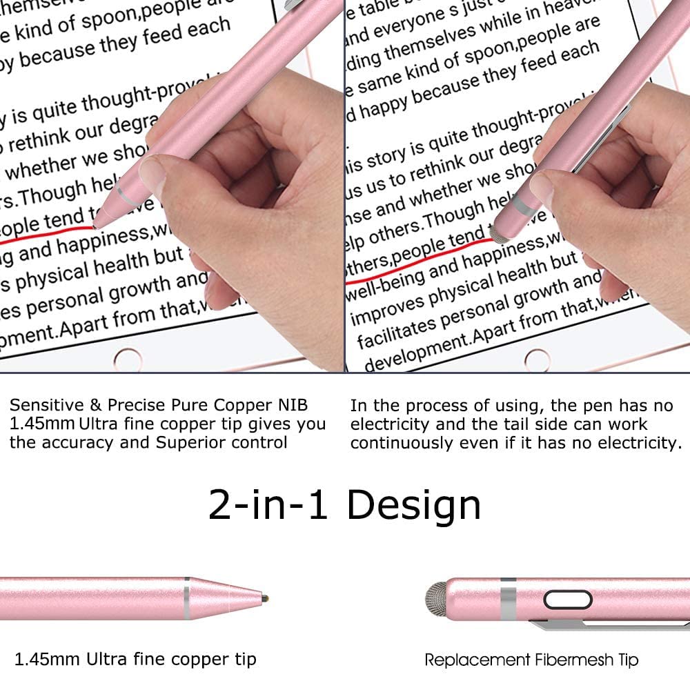 KECOW Stylus Digital Pen for Touch Screens, 1.45mm Fine Elastic Tip Rechargeable Pencil Compatible for iPad iPhone Samsung Phone &Tablets,iOS&Android for Drawing&Writing Capacitive Pen (Rose Gold)