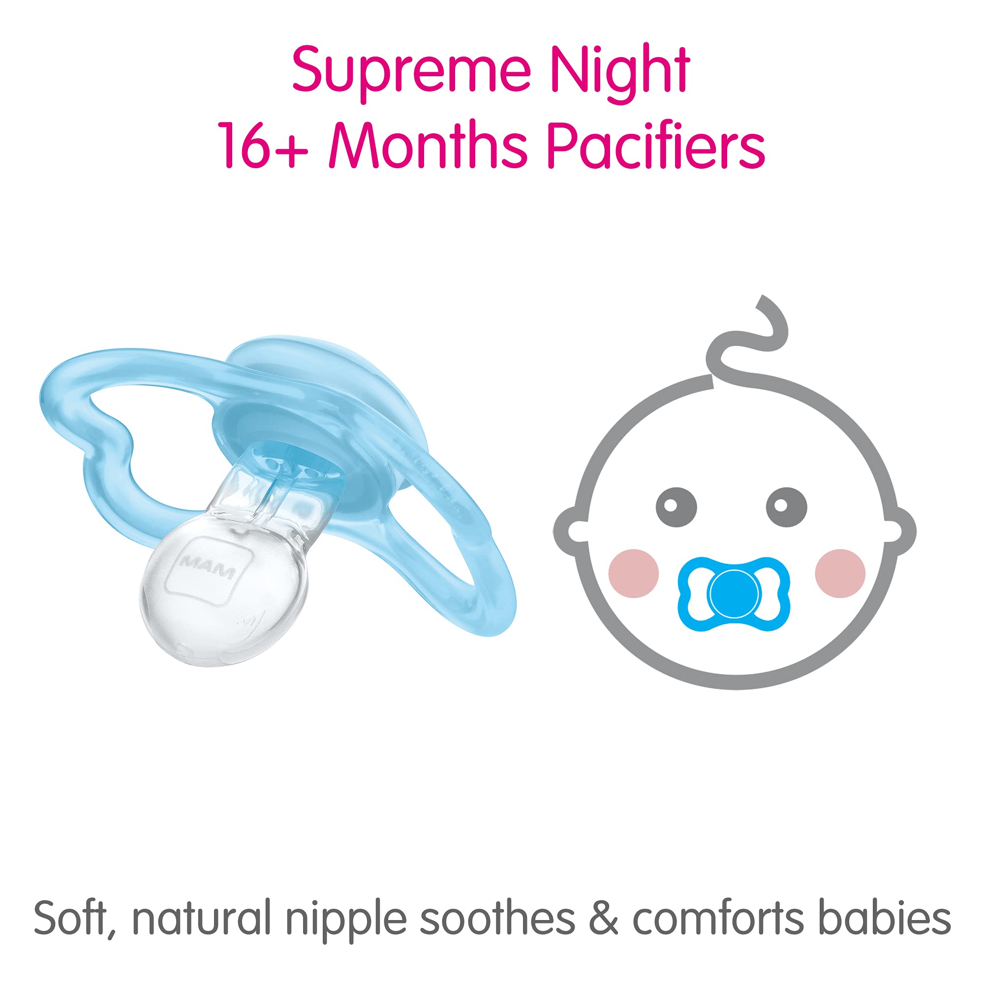 MAM Supreme Night Baby Pacifier, for Sensitive Skin, Patented Nipple, 2 Pack, 16+ Months, Unisex,2 Count (Pack of 1)