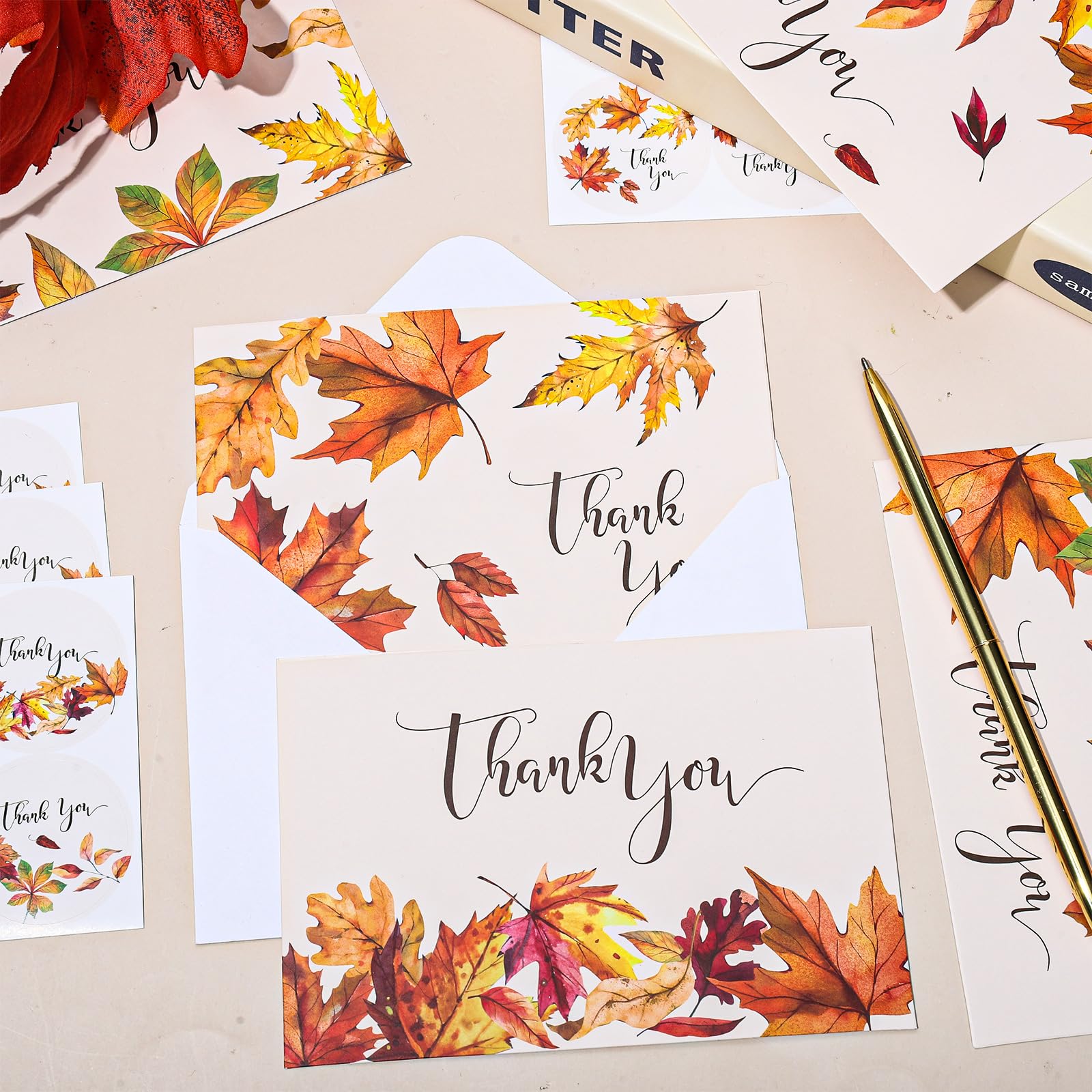 Whaline 36 Pack Fall Leaves Thank You Cards Watercolor Autumn Greeting Cards with Envelope Stickers Maple Leaf Blank Note Cards for Thanksgiving Holiday Wedding Birthday Party