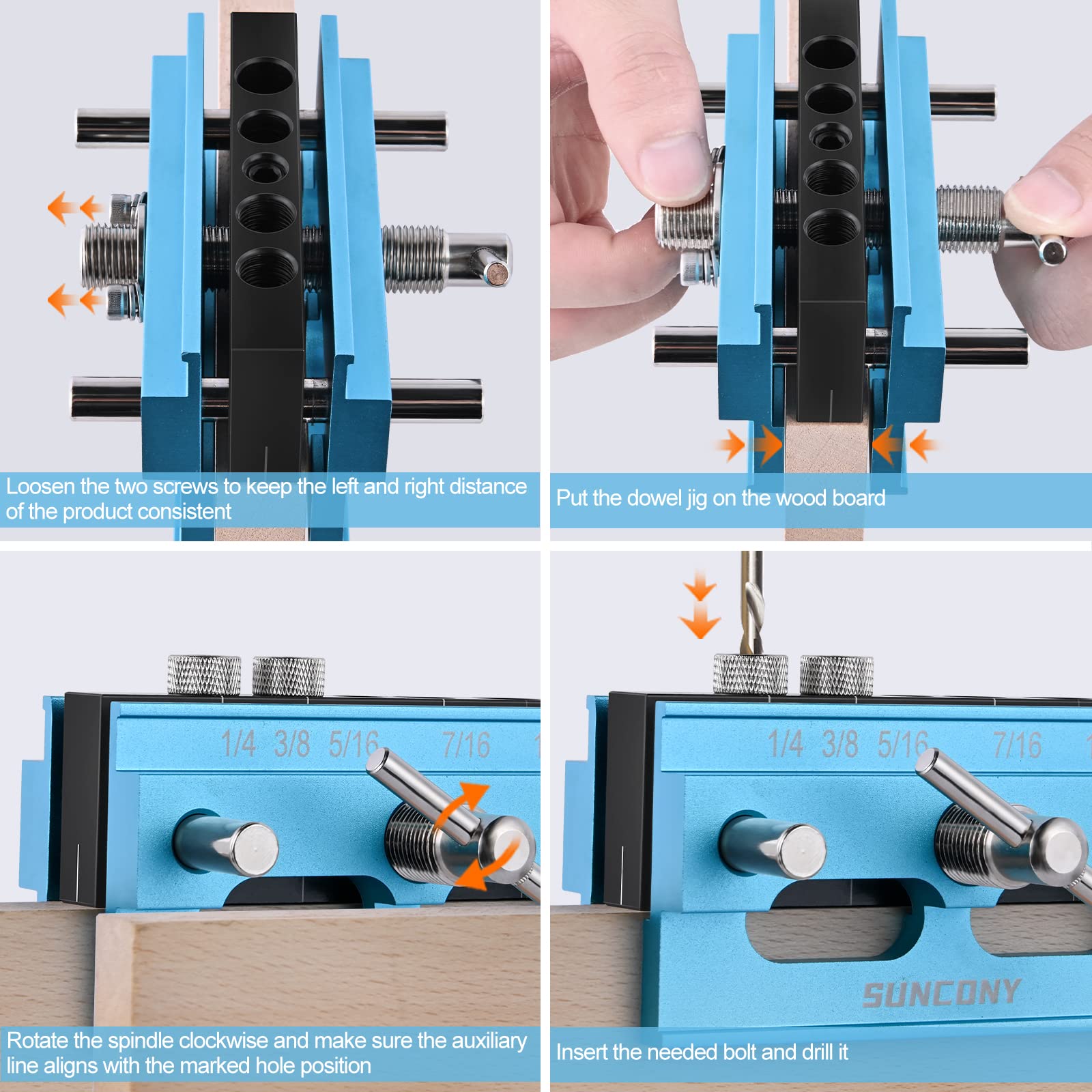 SUNCONY Doweling Jig Self Centering Kit,Biscuit Joiner Woodworking Dowel Jig Tool for Straight Holes, Drilling Jig With 6 Bushings, Ajustable Width Drilling Guide Power Tool Accessory Jigs (Blue)
