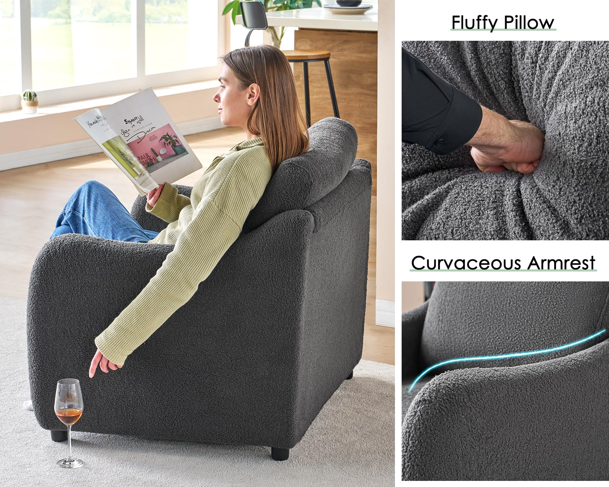 VanAcc Modern Sofa, 3 Seater Sofa with Curved Armrest, Extra Deep Sofa with Bridgewater Style, Comfy Sofa Couch for Living Room, Boucle Grey Couch