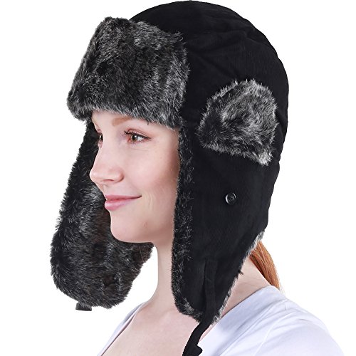KBW-603 BLK Corduroy Aviator Trapper hat Trooper Ear Flaps Ushanka Eskimo Russian Warm Winter Cold
