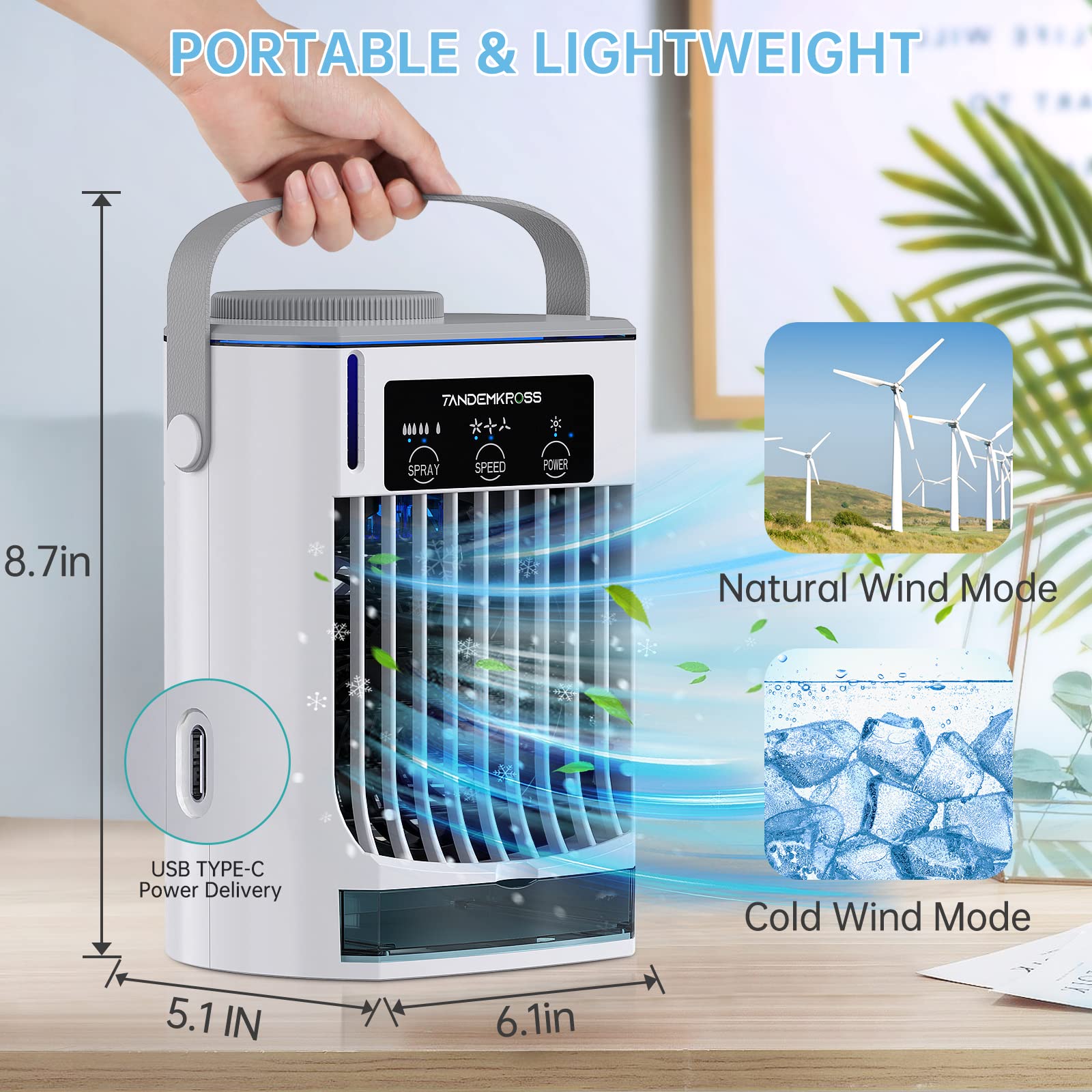 Portable Air Conditioner, Personal Air Cooler, Evaporative Air Cooler, Mini Cooling Fan Desktop Mist Humidifier with 3 Speed for Room Office Outdoor (White Grey)