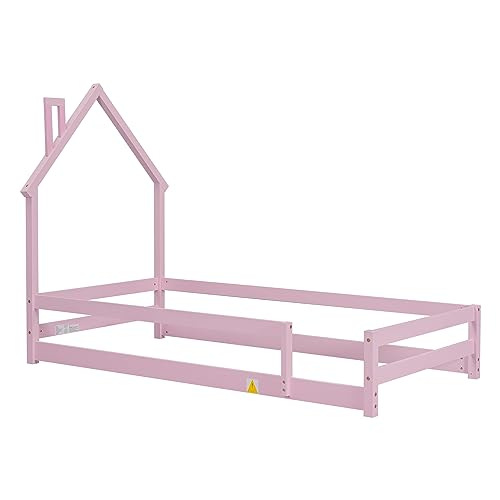 Twin Size Platform Bed, Wooden Platform Bed Frame with House-Shaped Headboard, Floor Bed with Fences for Kids Boys Girls Bedroom (Pink 01)