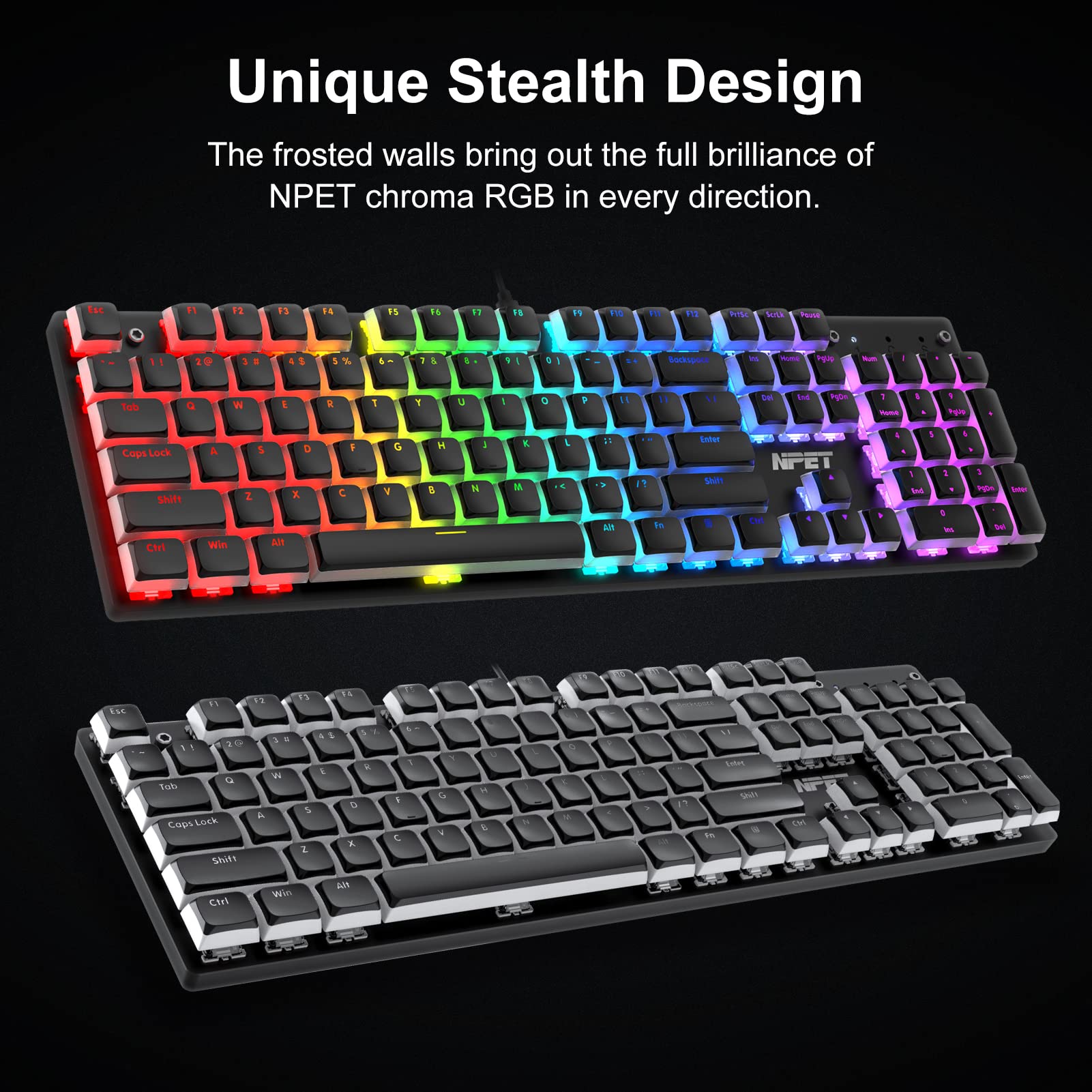 NPET KC20-01 Pudding Keycaps, Doubleshot PBT Keycap Set with Translucent Layer, for Mechanical Keyboards, Full 104 Key Set, XDA Profile, US Layout, Black