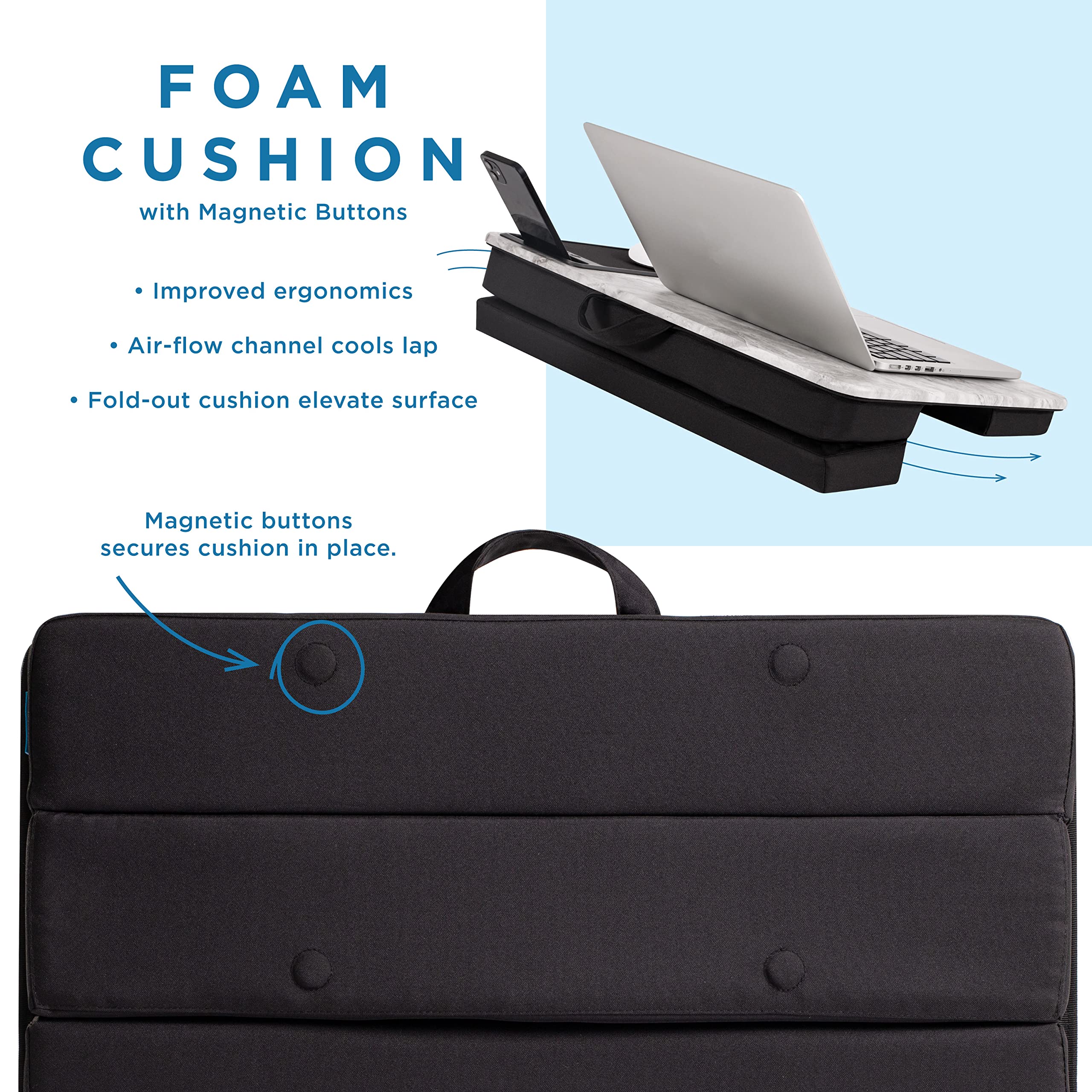 LAPGEAR Extra Large Adjustable Lap Desk with Gel Wrist Rest, Mouse Pad, Phone Holder, Device Ledge, and Booster Cushion - White Marble - Fits up to 17.3 Inch Laptops - Style No. 88101