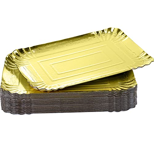 ZEAYEA 30 Pack Gold Serving Trays, Disposable Cookie Trays Platter for Parties, Rectangle Sturdy Paper Cardboard Serving Platters for Dessert Table, Cupcake Display, Birthday Party, Wedding, 14" x 10"