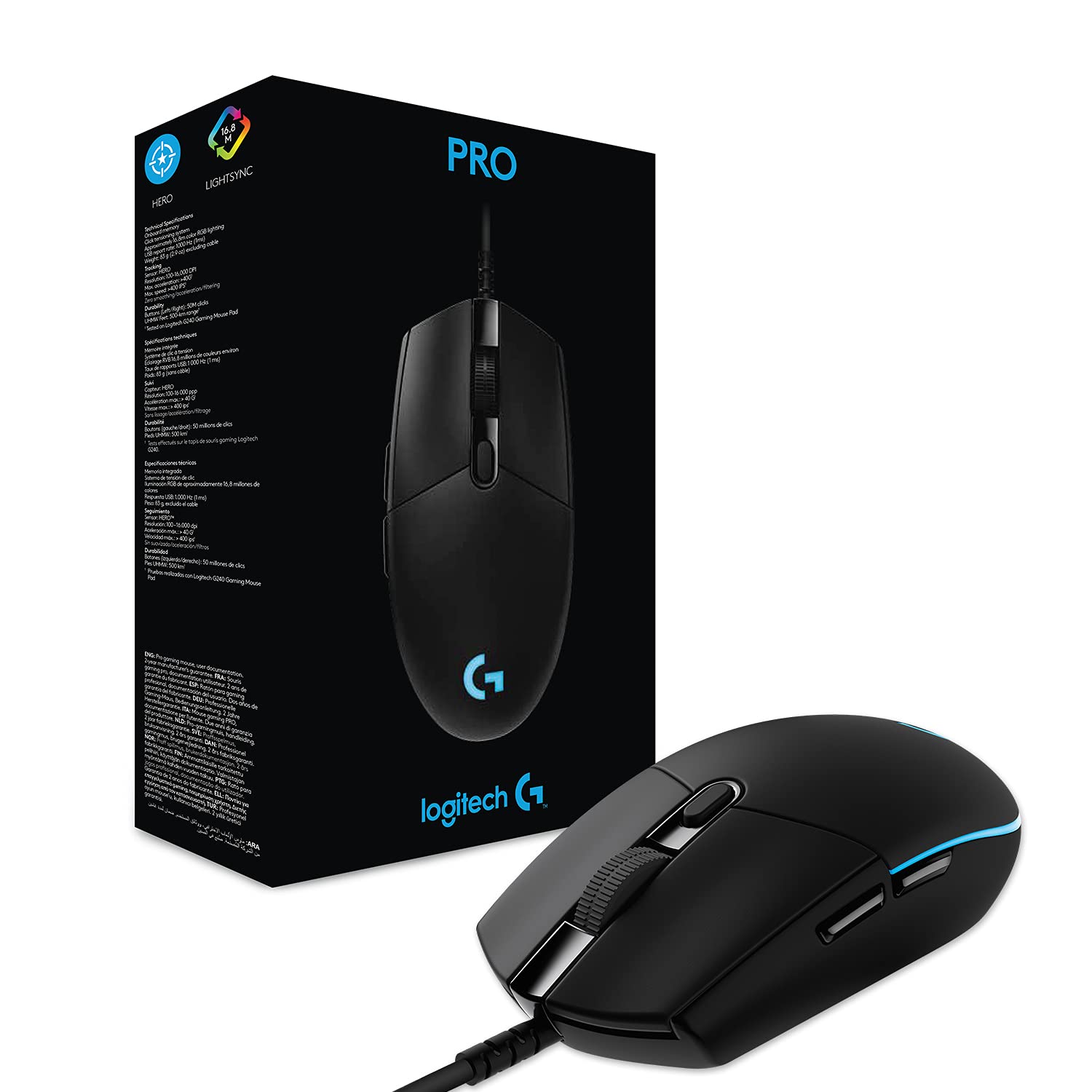 Logitech G PRO Wired Gaming Mouse, Hero 16K Sensor, 16000 DPI, RGB, Ultra Lightweight, 6 Programmable Buttons, On-Board Memory, Built for Esport, Compatible with PC/Mac - Black
