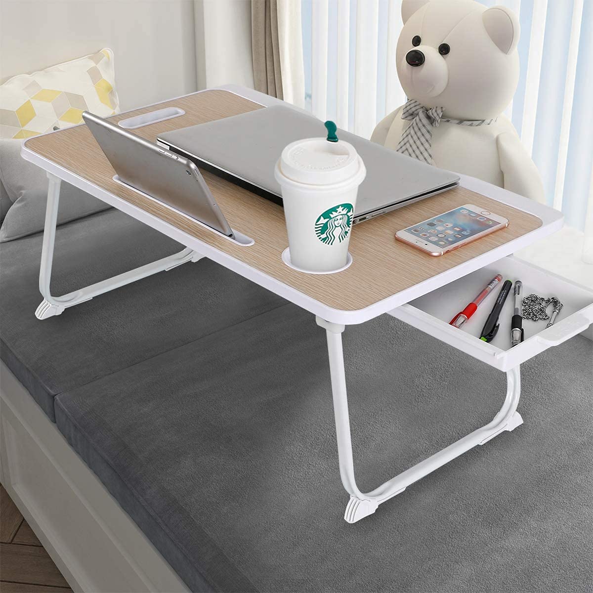 Laptop Desk with Drawer, Astoryou Portable Laptop Bed Tray Table Notebook Stand Reading Holder Built in Convenient Handle & Foldable Legs & Cup Slot for Bed/Sofa/Couch/Floor (Beige)