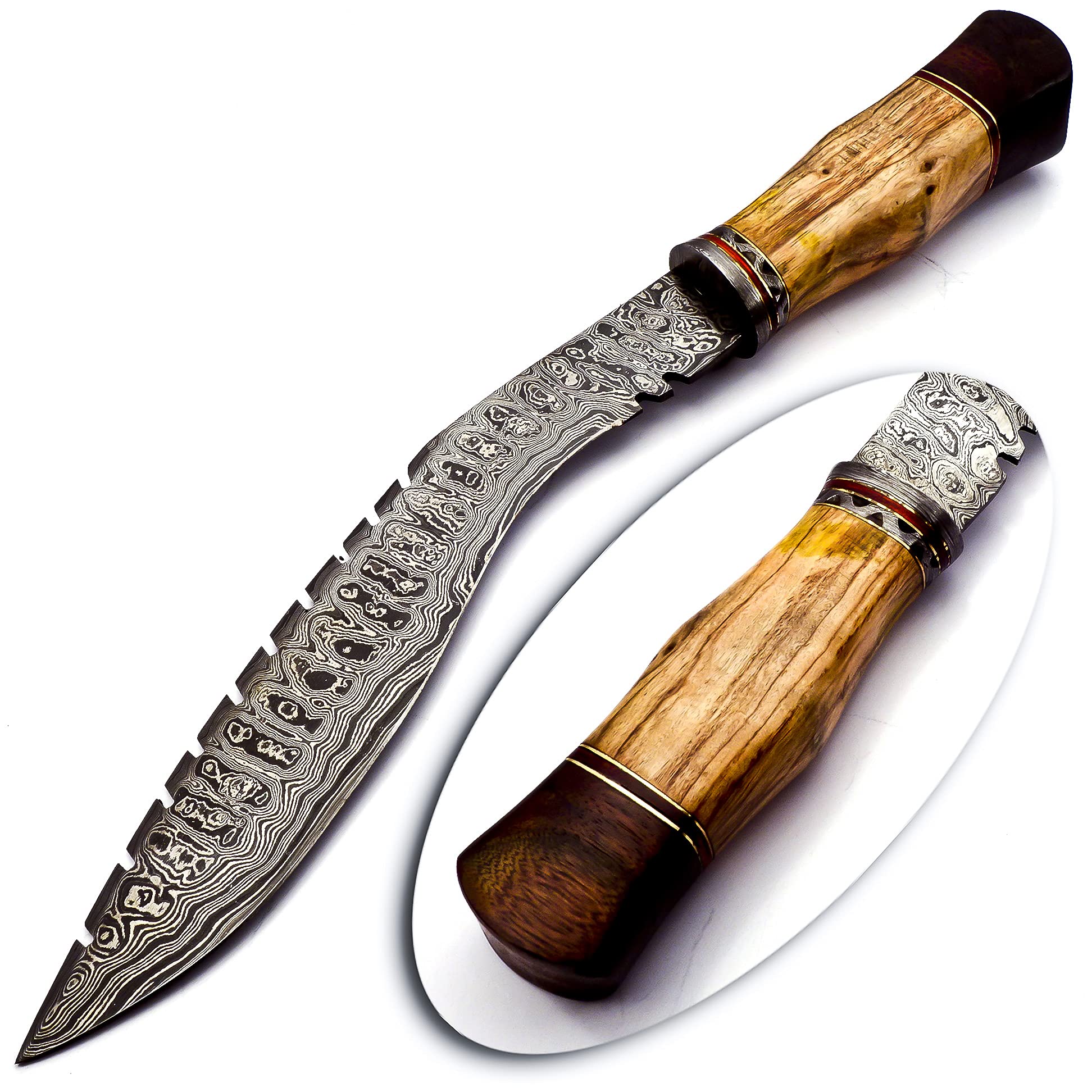 Mid American Cutlery Custom Hand Made Beautiful Damascus Hunting Knife Kukri Handle Olive Wood with Burl Wood