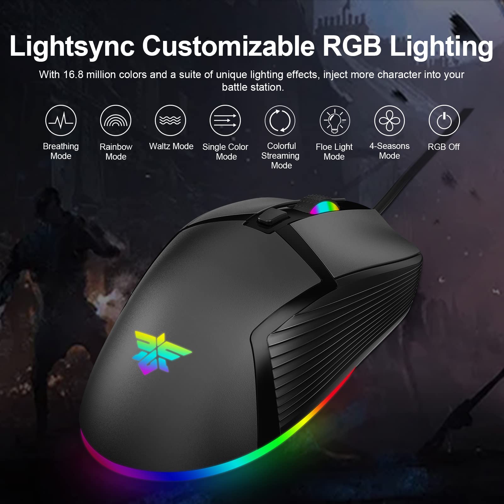 NPET M61 Gaming Mouse, 7200 DPI Optical Sensor, Chroma RGB Lighting, 7 Programmable Buttons, Anti-Slip Side Grips, Wired Mouse for FPS, MOBA, MMO