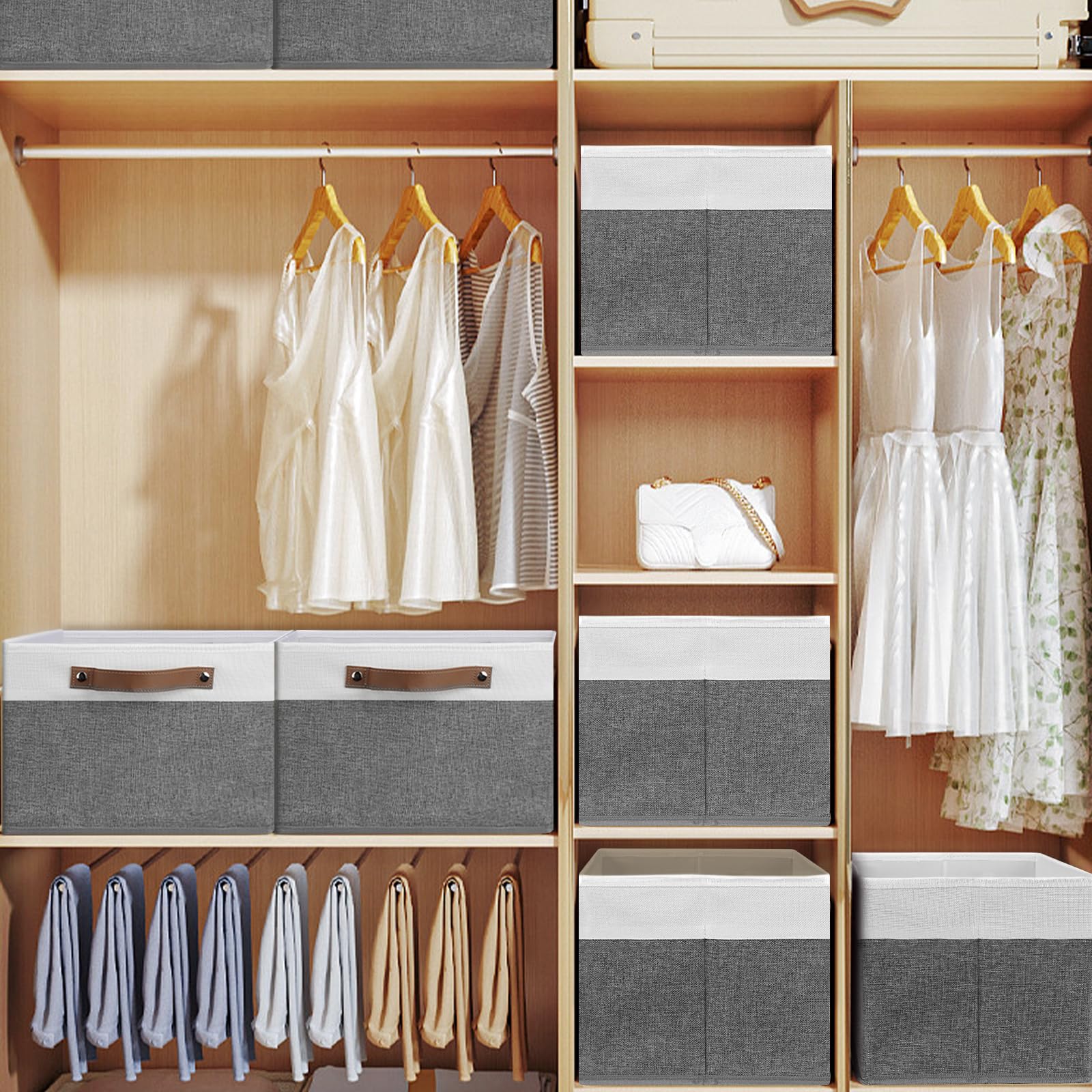 LOVSTORAGE Storage Boxes, 3 Pack Fabric Collapsible Storage Organizer Container with Leather Handle, 13 x 9 x 8 inch Rectangular Storage Bins Baskets for Shelves Home Nursery, Office, White/Grey