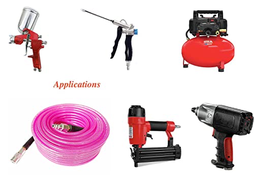 SANFU Polyurethane(PU) 1/4-Inch x 100ft Reinforced, lightweight Air Hose with 1/4β Swivel Industrial Quick Coupler and Plug, Bend Restrictor, Transparent Pink(100β)