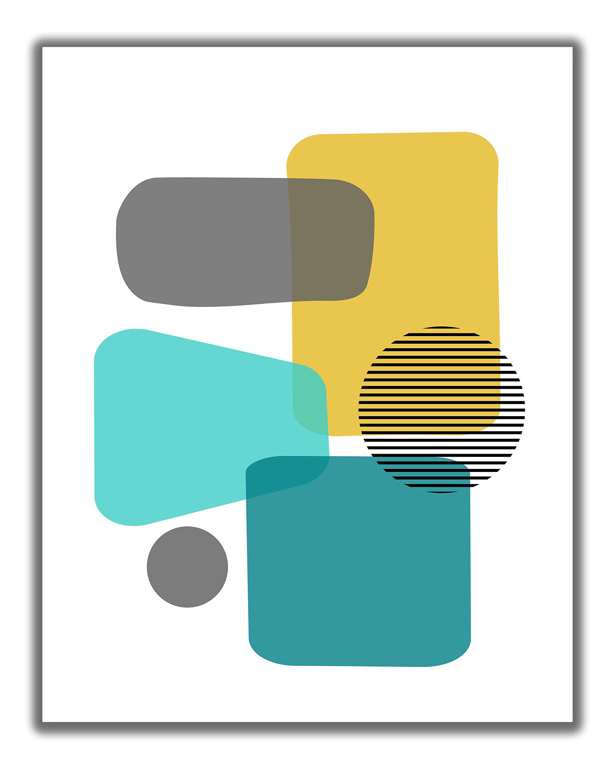 Mid Century Modern No.7 Wall Art Print - 11x14 Unframed Abstract Scandinavian Decor. Shades of Grey, Mustard Yellow, Teal & Aqua Blue on White.