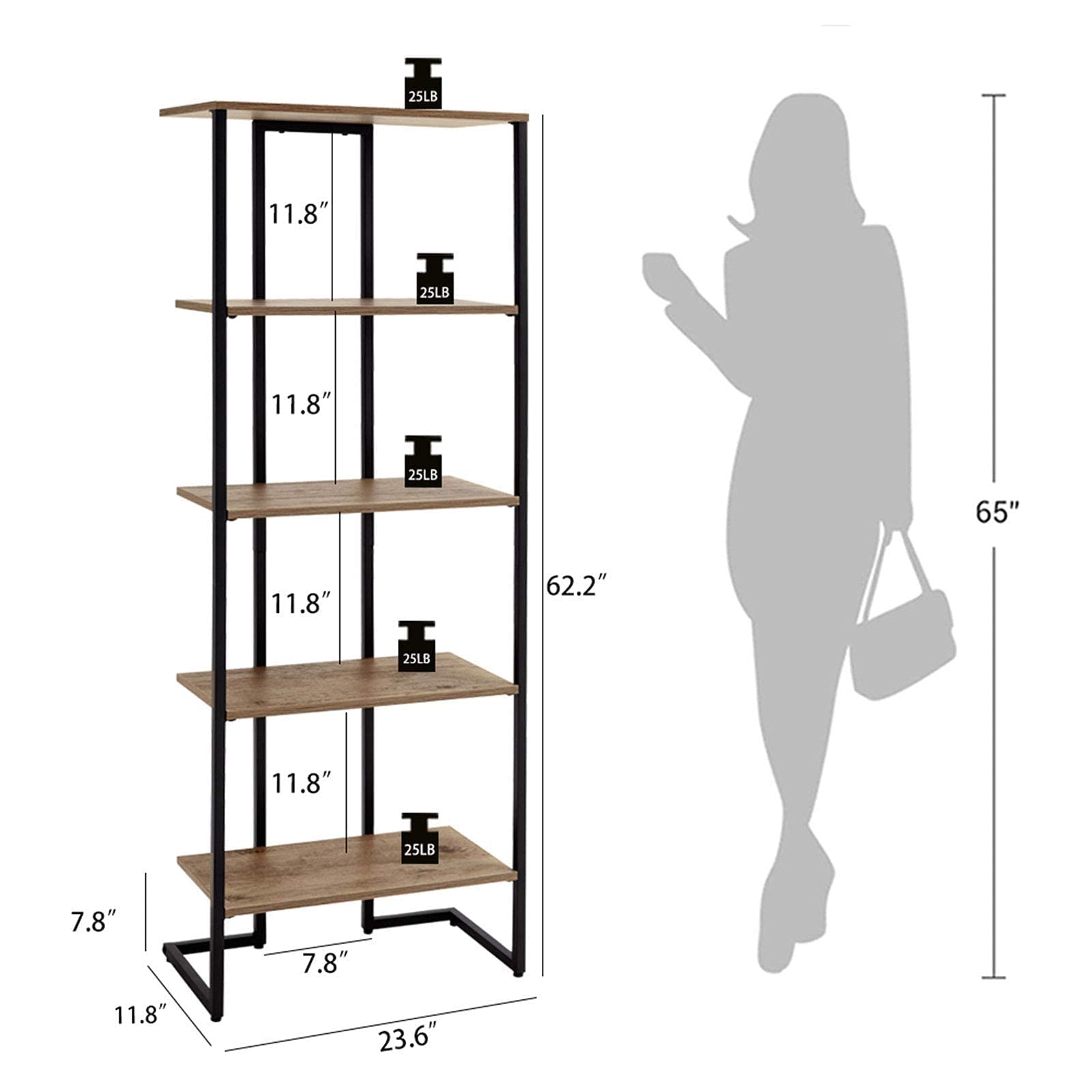 LINSY Tall Bookshelf, Bookcases and Book Shelves 5 Shelf, Modern Open Wall Bookcase, Display Standing Shelf for Living Room, Bedroom, Wood