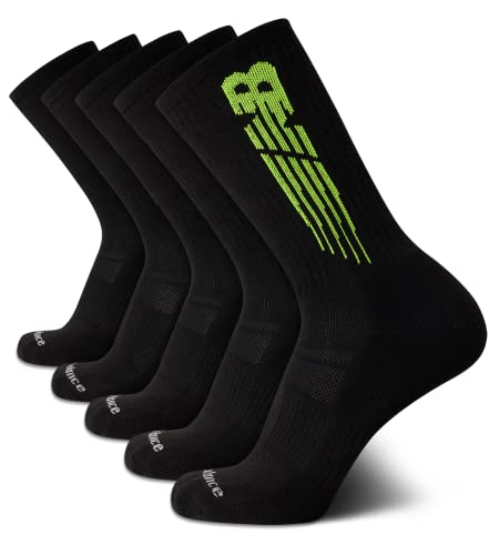 New Balance Men's Athletic Arch Cushion Comfort Crew Socks (5 Pack), Size 6-12.5, Black Logo