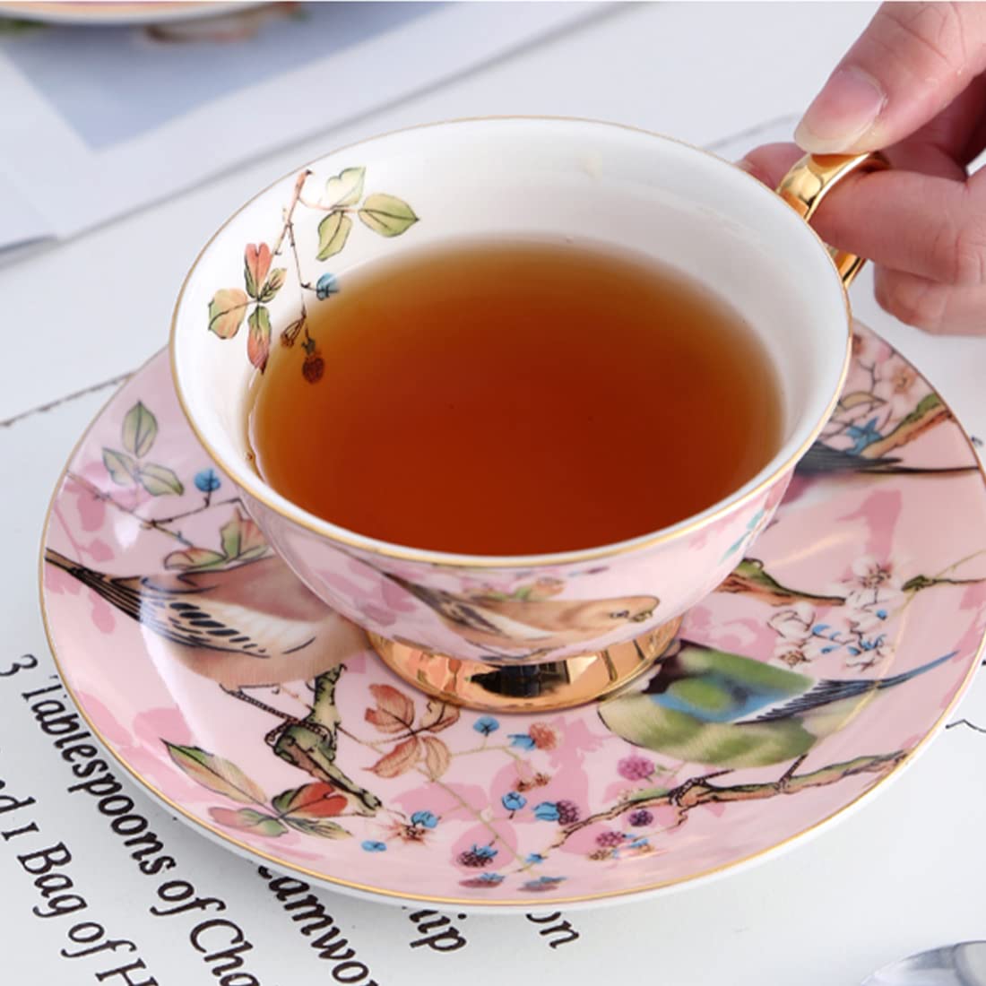 Pfedxoon Pink Bird Tea Cup with Saucer Spoon 3 Piece Set(7oz) Cappuccino Cups, Coffee Cups, Tea Cup Set, British Coffee Cups, Porcelain Tea Set, Latte Cups, Mother's Day Gift