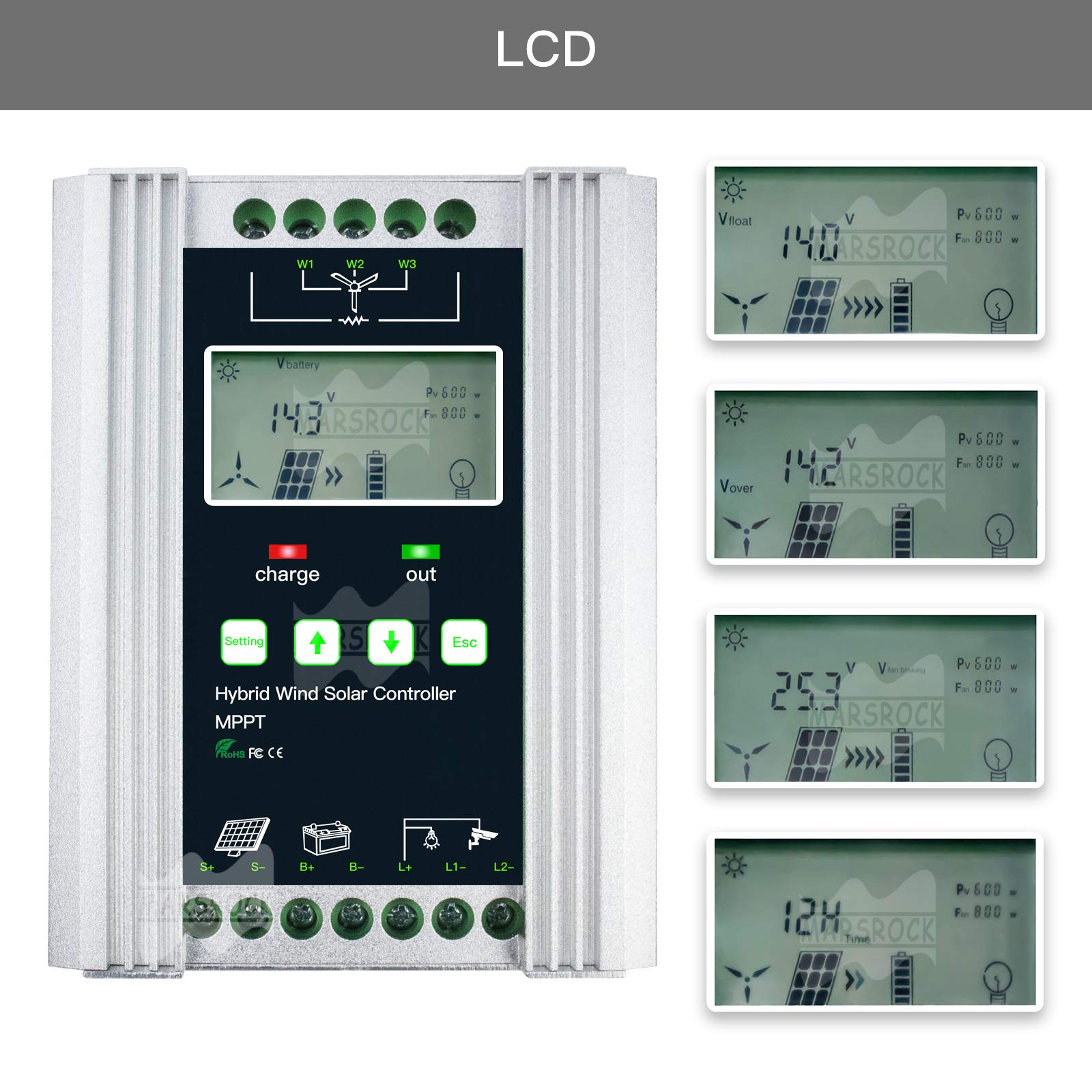 Marsrock 1400W 12V/24V Auto MPPT Wind Solar Hybrid Charge Controller Support Gel and Lead-Acid Battery for Home Wind Turbine Generator and Solar Panel System