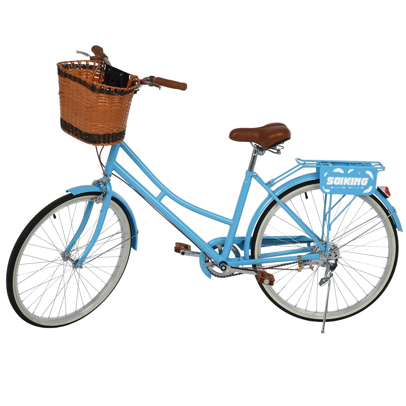 Sky Blue Women's Cruiser Beach Bike, Leisure Bikes, Urban Road Bicyle, Single-Speed, 26inch Wheels, with A Detachable Basket, Rear Frame