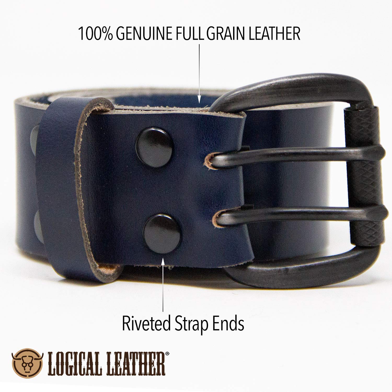 Logical Leather Men's Work Belt - Heavy Duty Genuine Full Grain Leather Double Prong Belts- Black 46