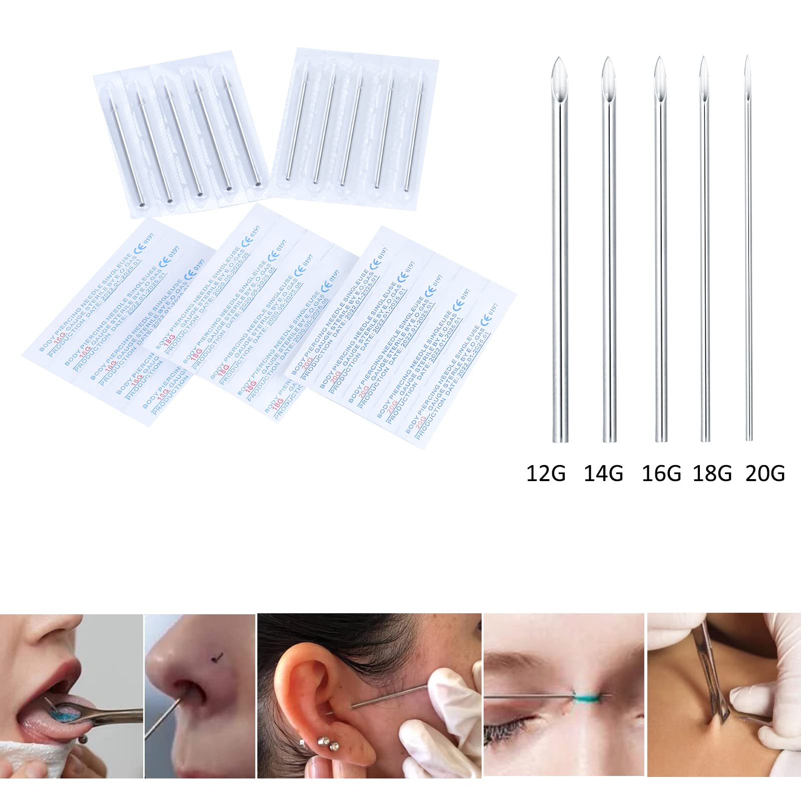 Xpircn Piercing Kit 14G 16G Body Piercing Jewelry Kit Tool, Mixed Piercing Needles 12G 14G 16G 18G 20G Disposable Hollow Piercing Needles
